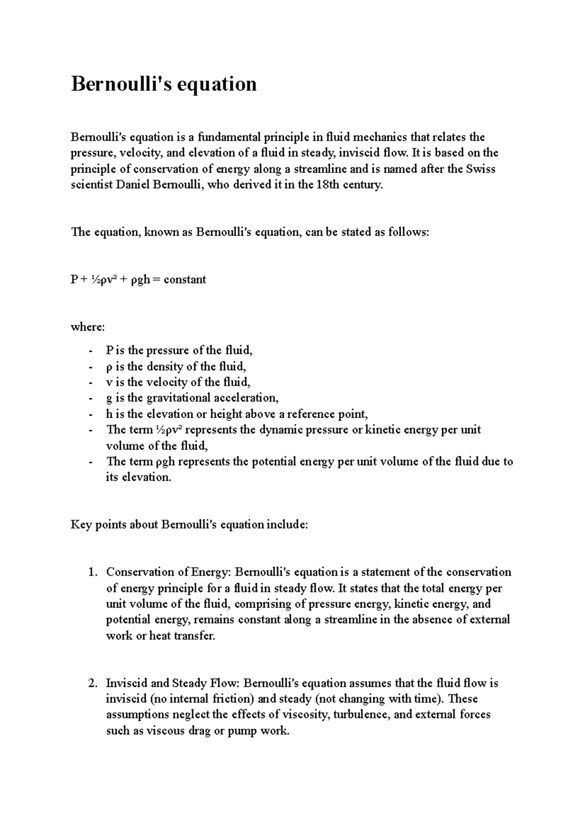 Equation in Fluid Mechanics: Bernoulli's Principle - Studocu