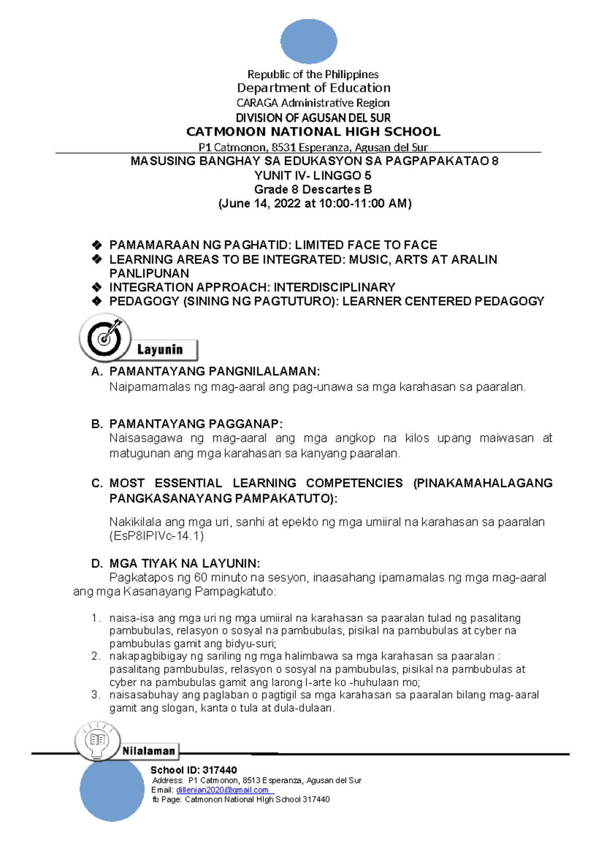 ESP 8 Final Lesson Plan: Pambubulas at Karahasan sa Paaralan - Studocu