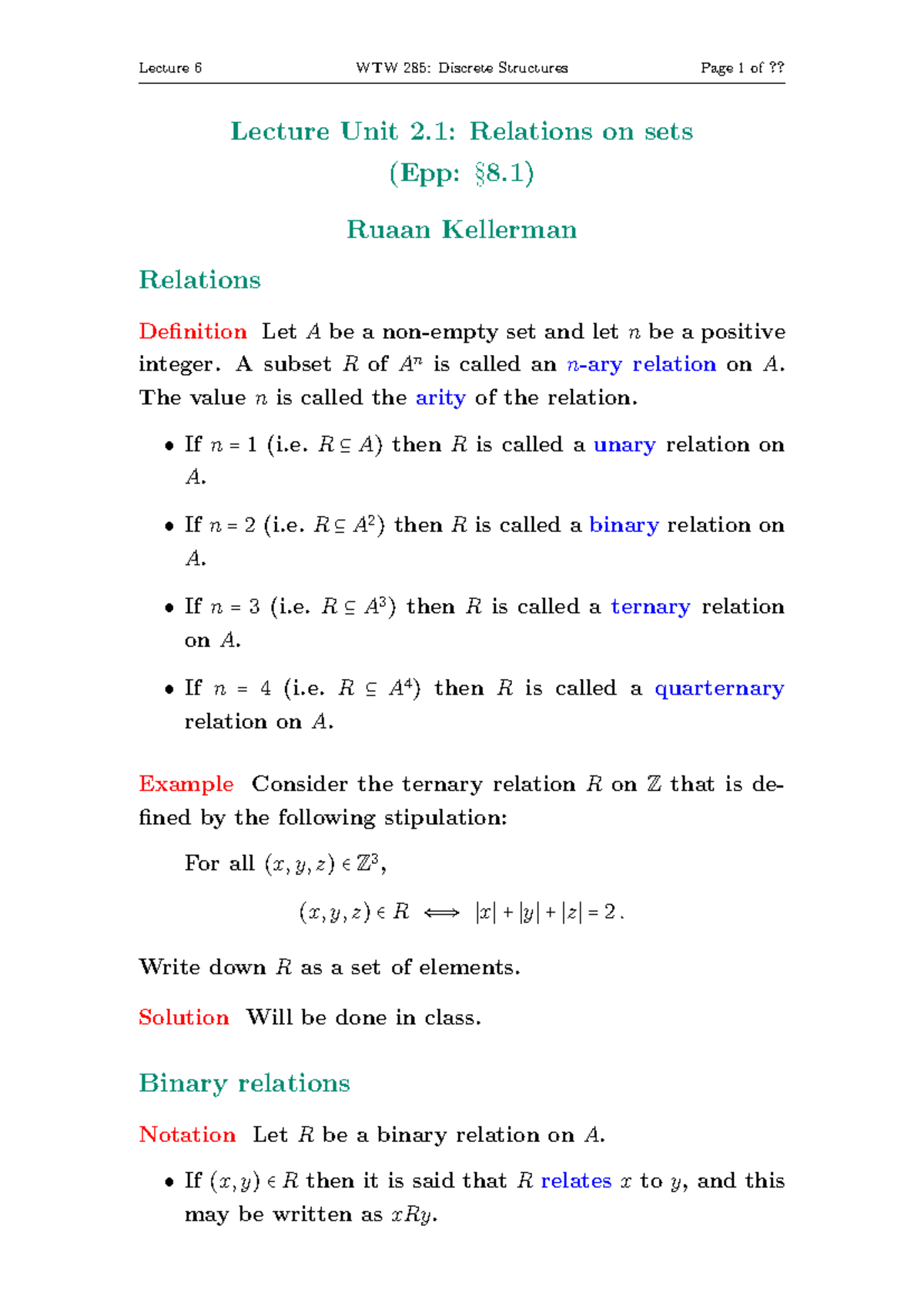 Lecture 6 WTW 285: Discrete Structures - Relations on Sets - Studocu