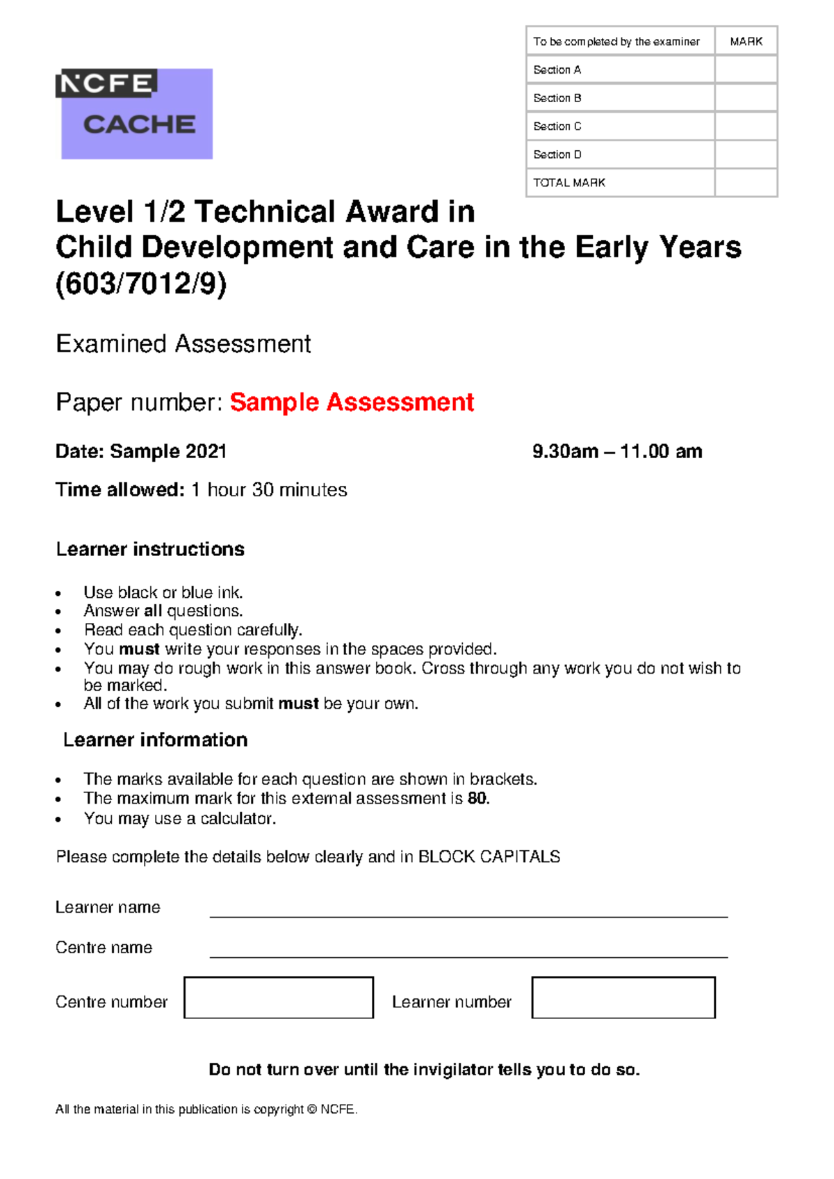 Child Development and Care Exam Paper (Level 1/2 Technical Award) - Studocu