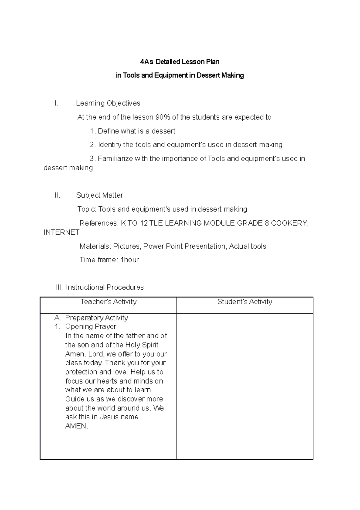 4As Detailed Lesson Plan on Tools & Equipment in Dessert Making - Studocu
