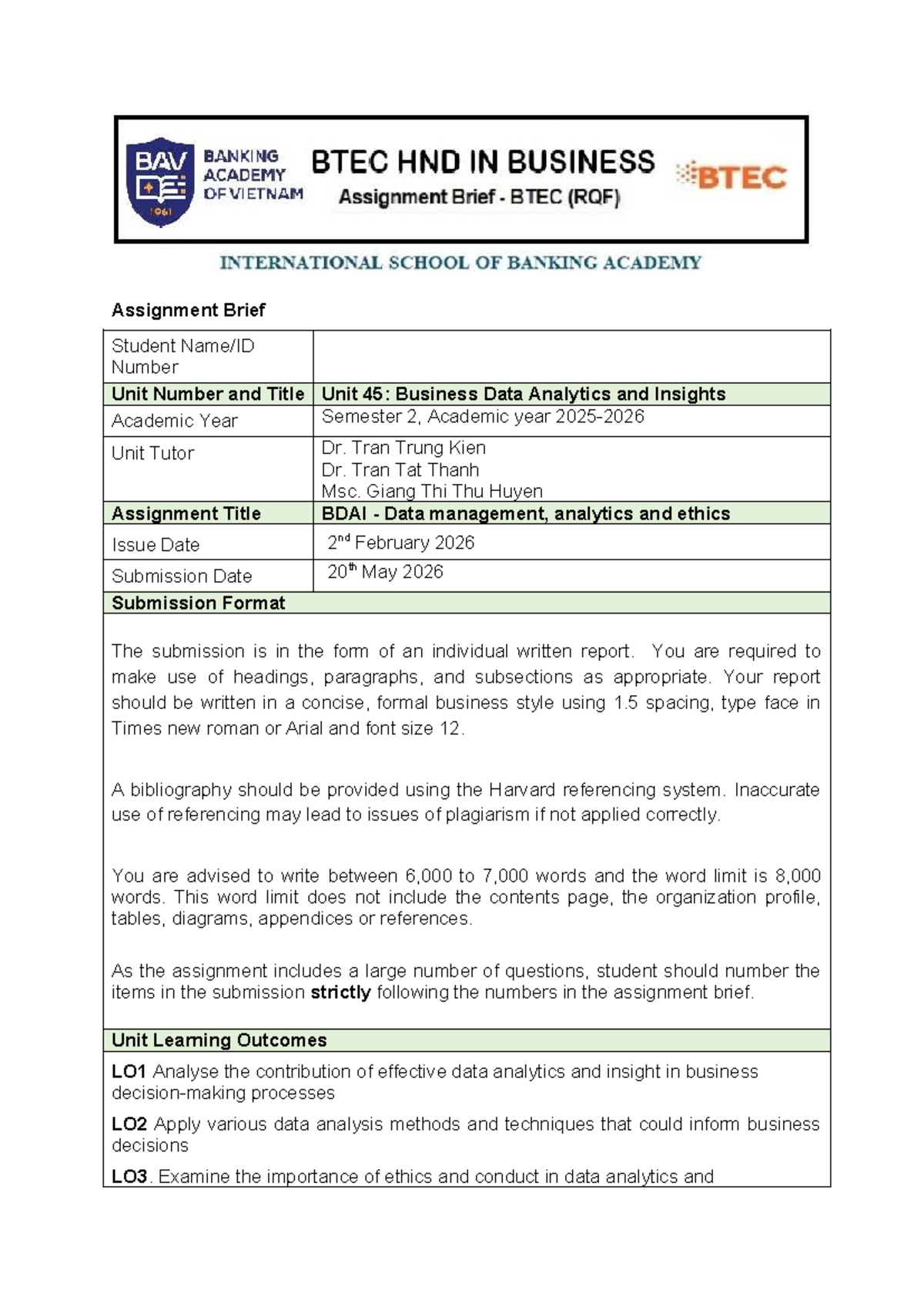 BDAI Unit 45: Business Data Analytics & Ethics Assignment Brief - Studocu