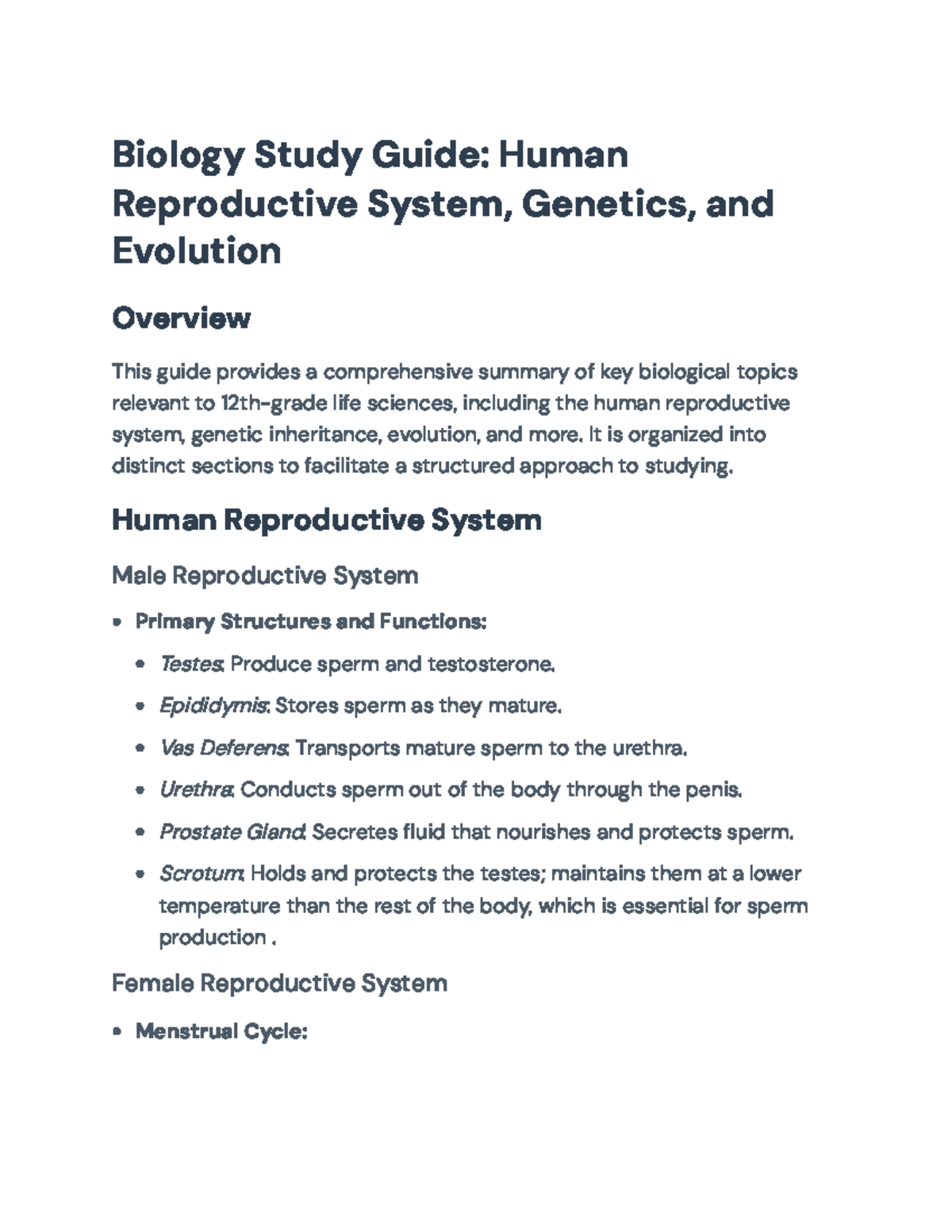 Biology Study Guide: Human Reproductive System & Genetics (12th Grade ...