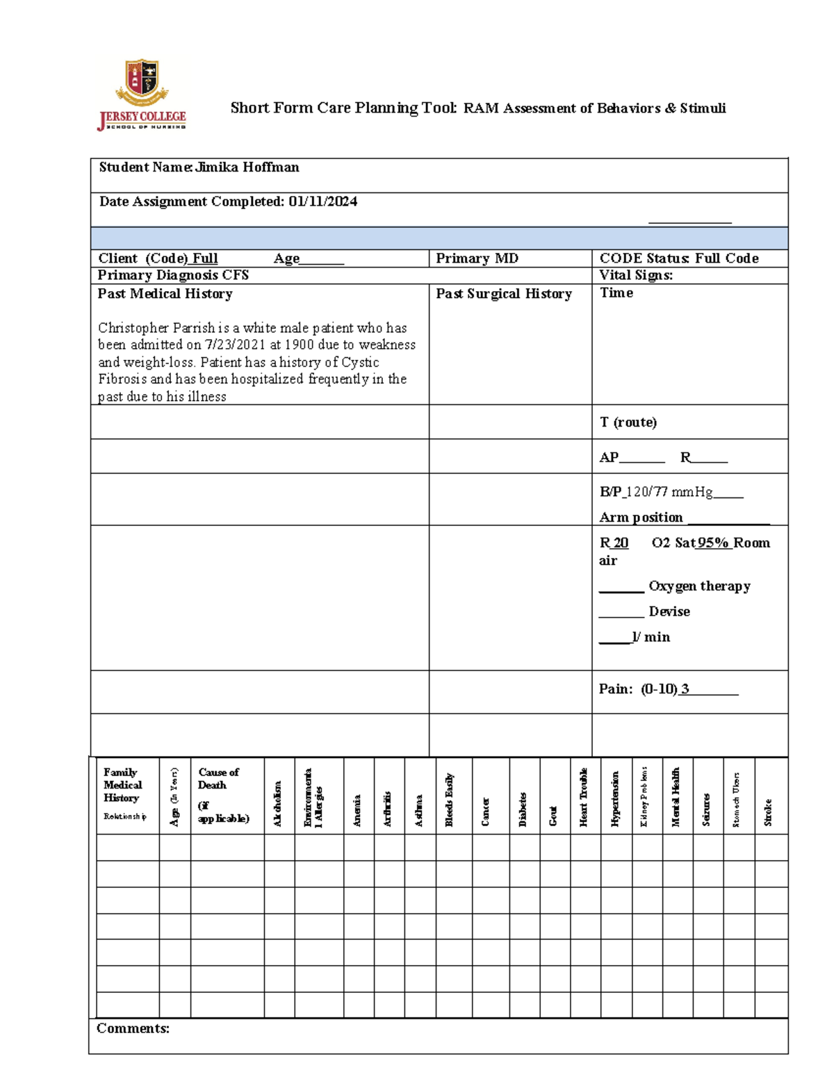 Short Form Care Plan - RAM Assessment for Cystic Fibrosis Patient - Studocu