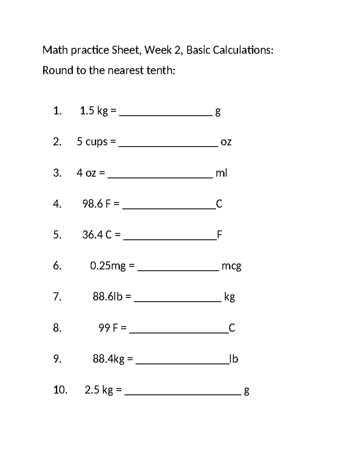 Conversions%2C+Math+Practice%2C+Basic - NUR1021C - Math practice Sheet ...