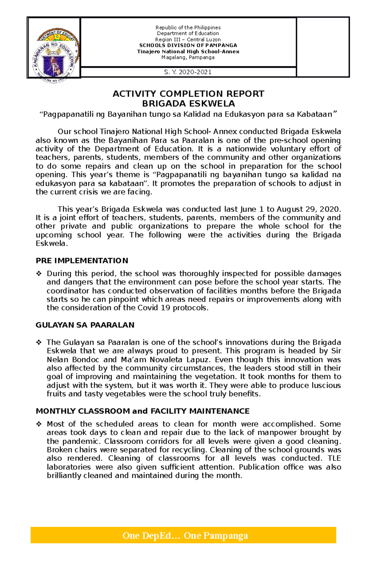 BE ACR 2020 - Sample of Brigada Eskwela Report - Republic of the ...