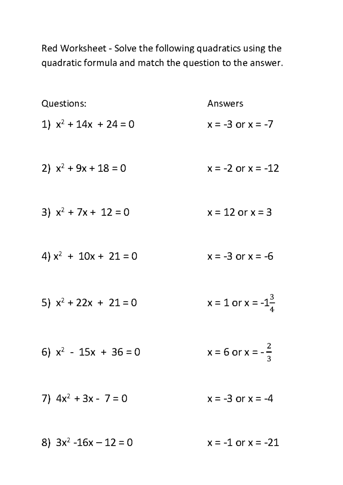Higher Maths: Quadratic Formula Worksheets and Solutions - Studocu