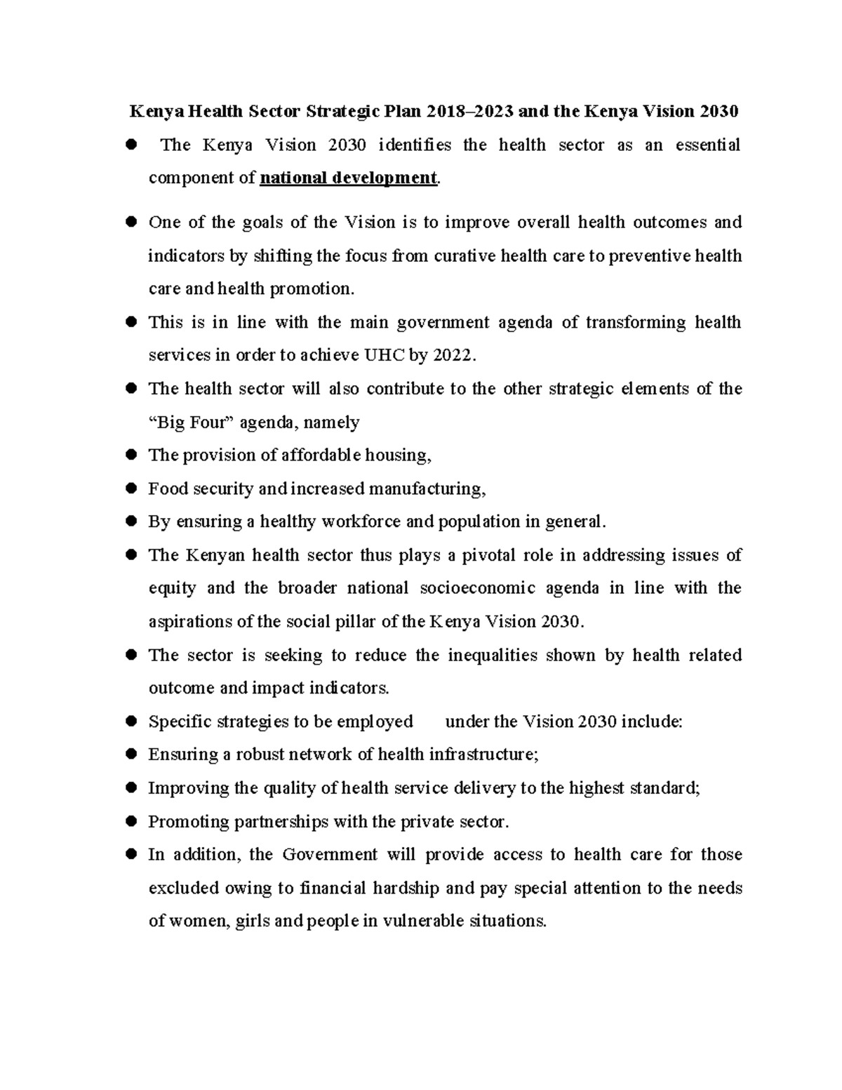 Kenya Health Sector Strategic Plan 2018-2023: Vision 2030 Overview ...