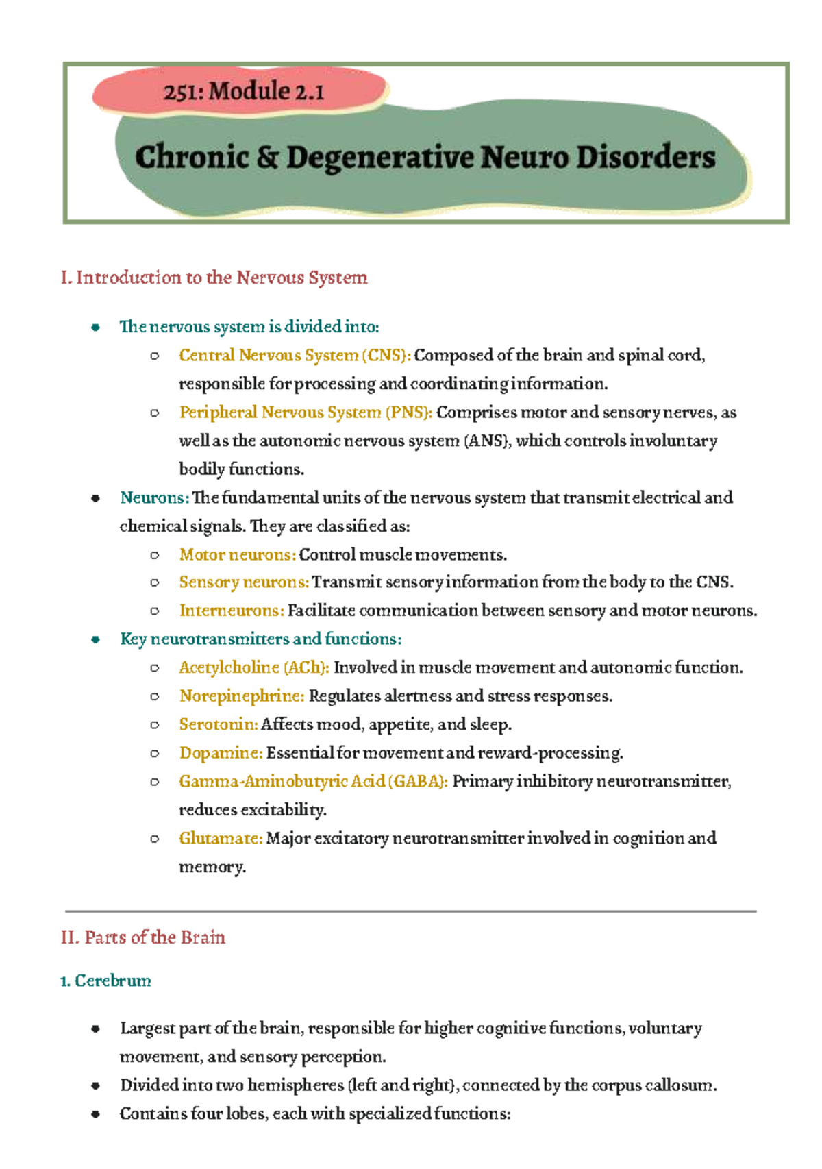 Module 2 - neuro notes - I. Introduction to the Nervous System The ...
