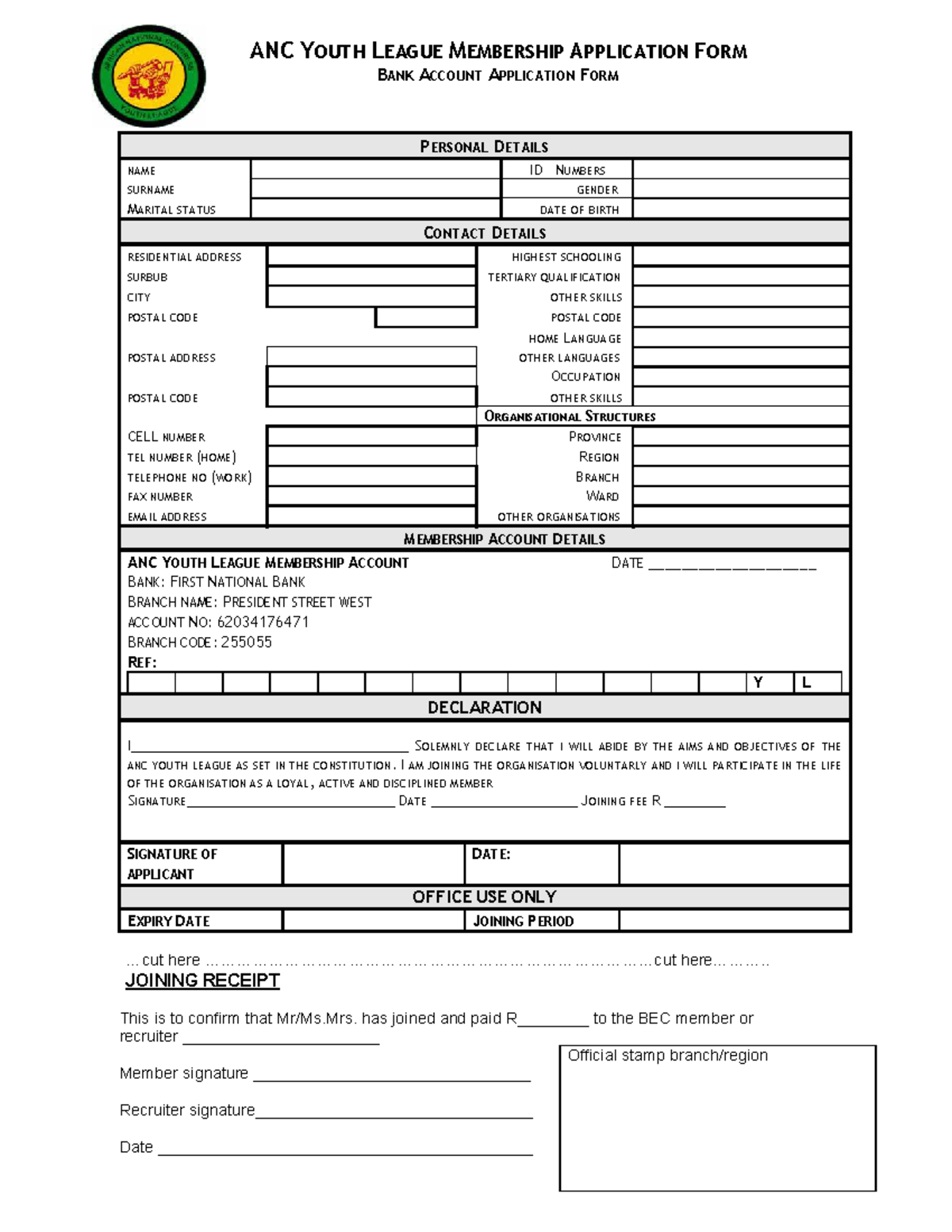 ANC Youth League Membership Application Form - Studocu