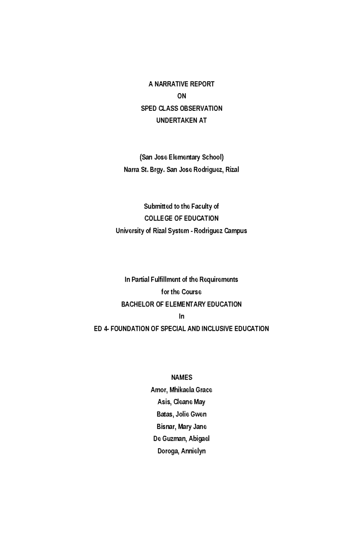 ED4 Narrative Report on SPED Class Observation at San Jose Elementary ...