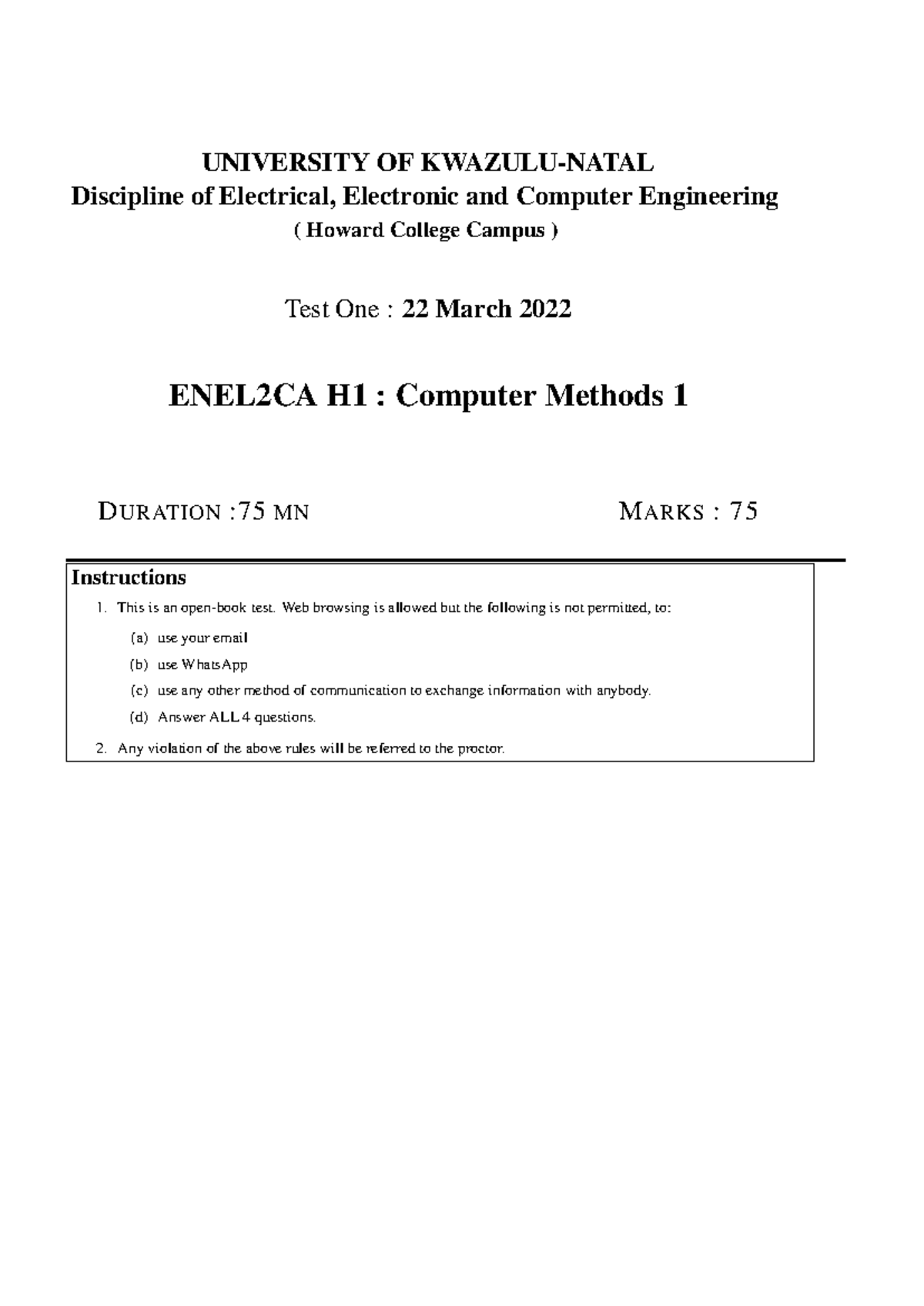 ENEL2CA H1: Test One - Computer Methods 1 (22 March 2022) - Studocu