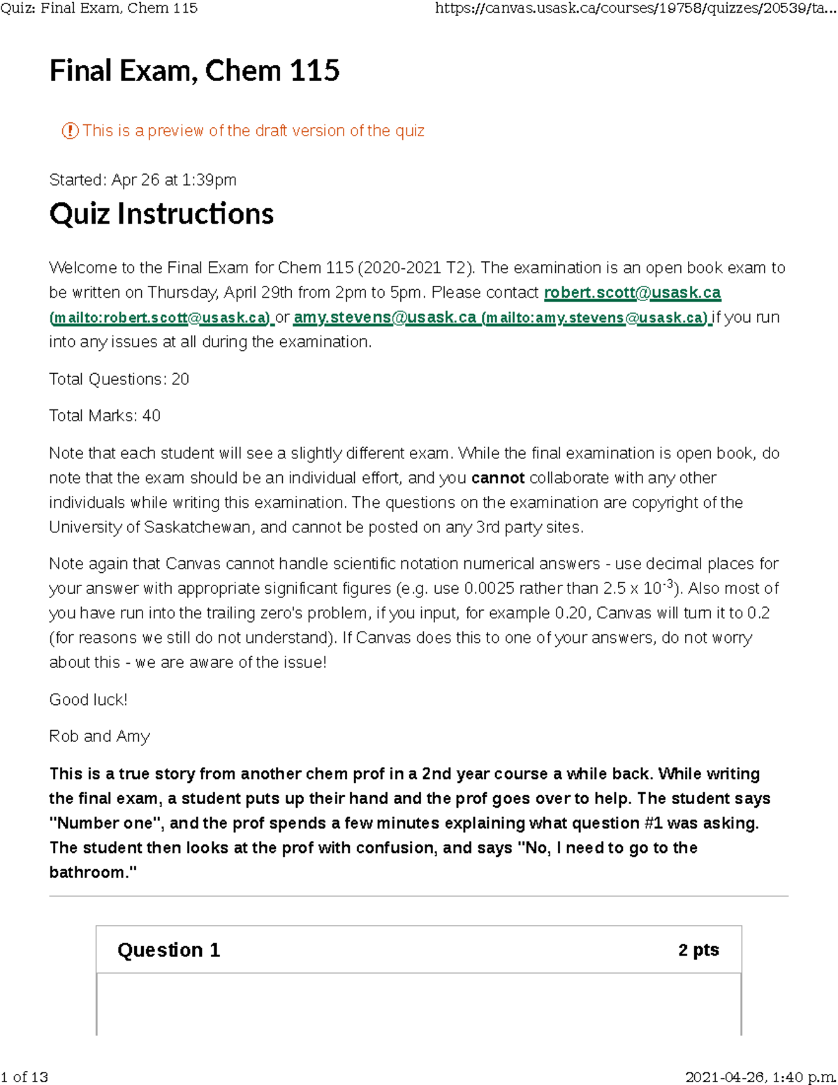 Chem115 Final Exam Study Guide - Winter 2021 - Studocu
