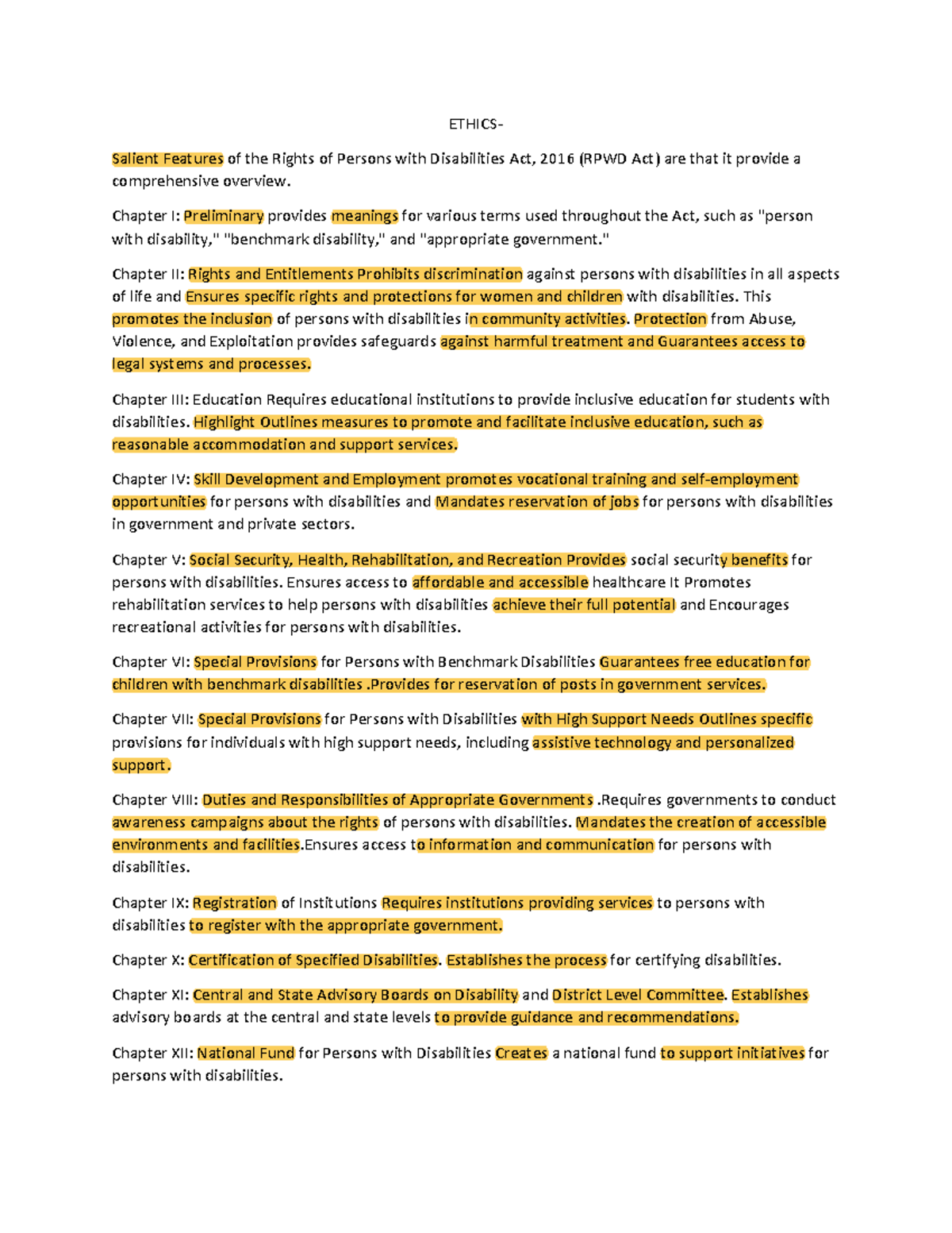 Ethics PWD ACT - ETHICS- Salient Features of the Rights of Persons with ...