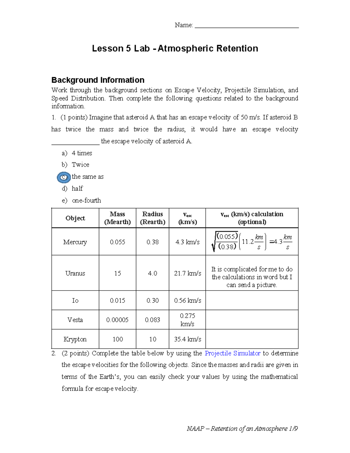 Lesson 5 Lab: Atmospheric Retention & Escape Velocity Worksheet DOC ...