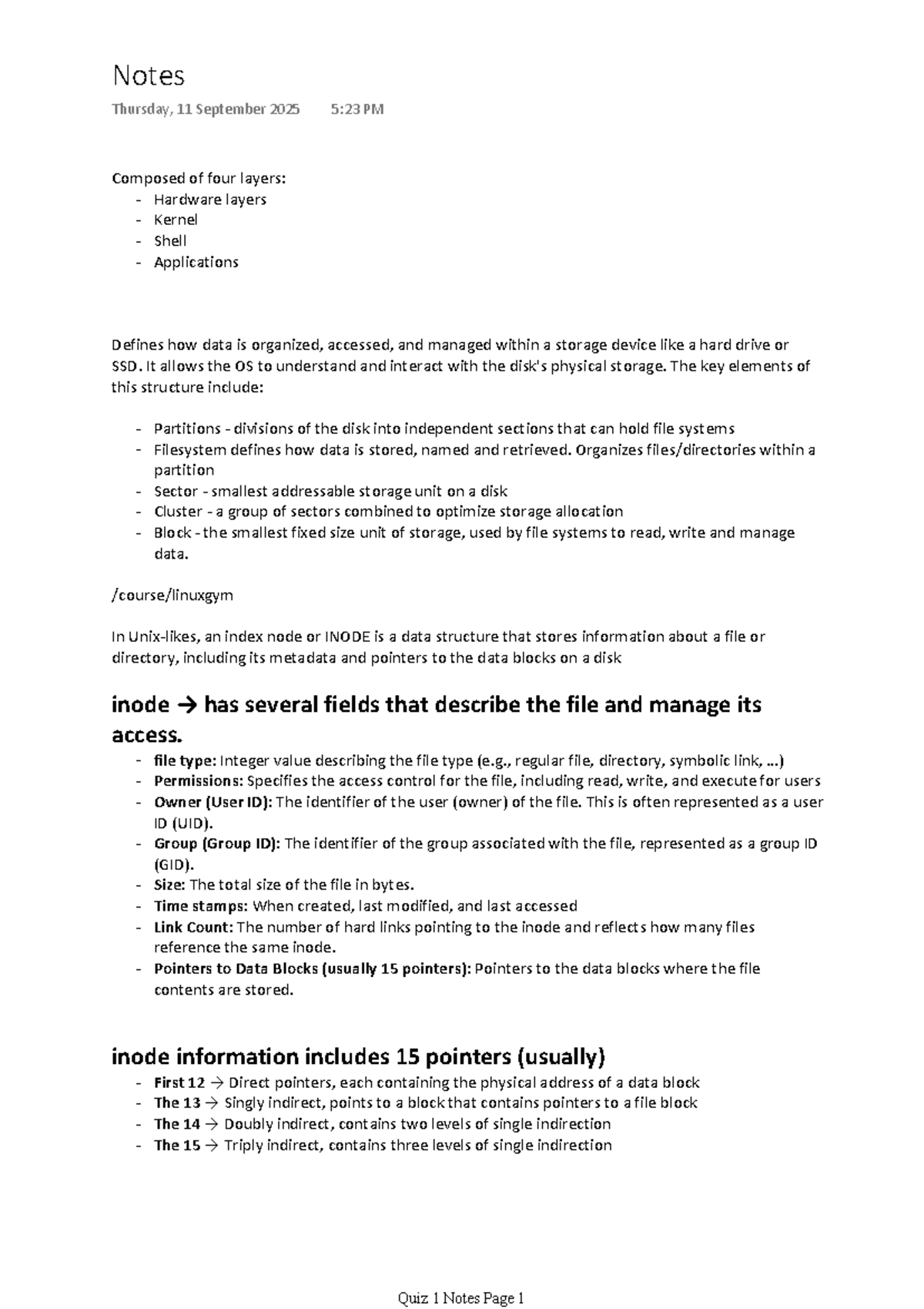 Quiz 1 Notes: File Storage & Access Methods in OS - Studocu
