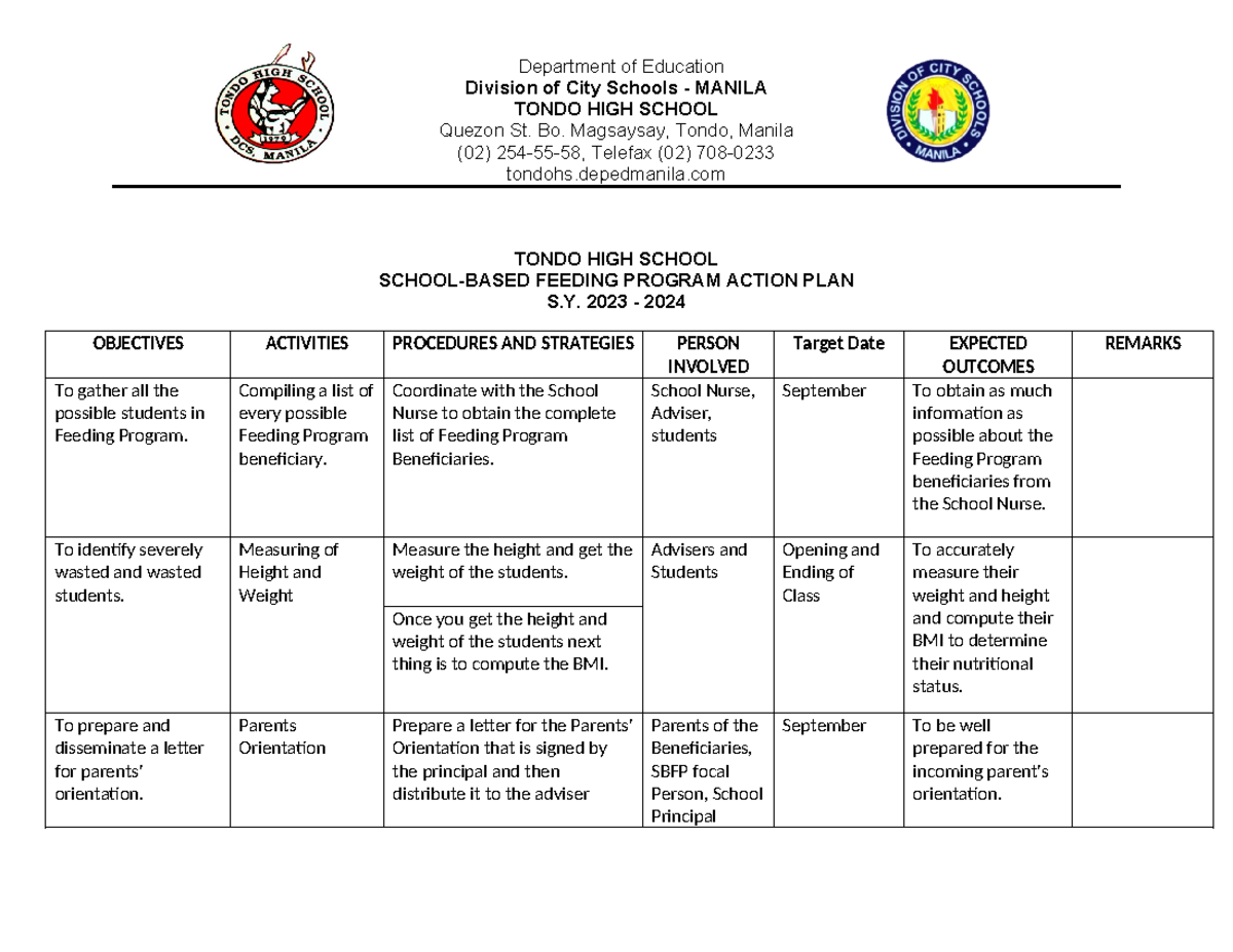 SBFP Action Plan for Feeding Program at Tondo HS (SY 2023-2024) - Studocu