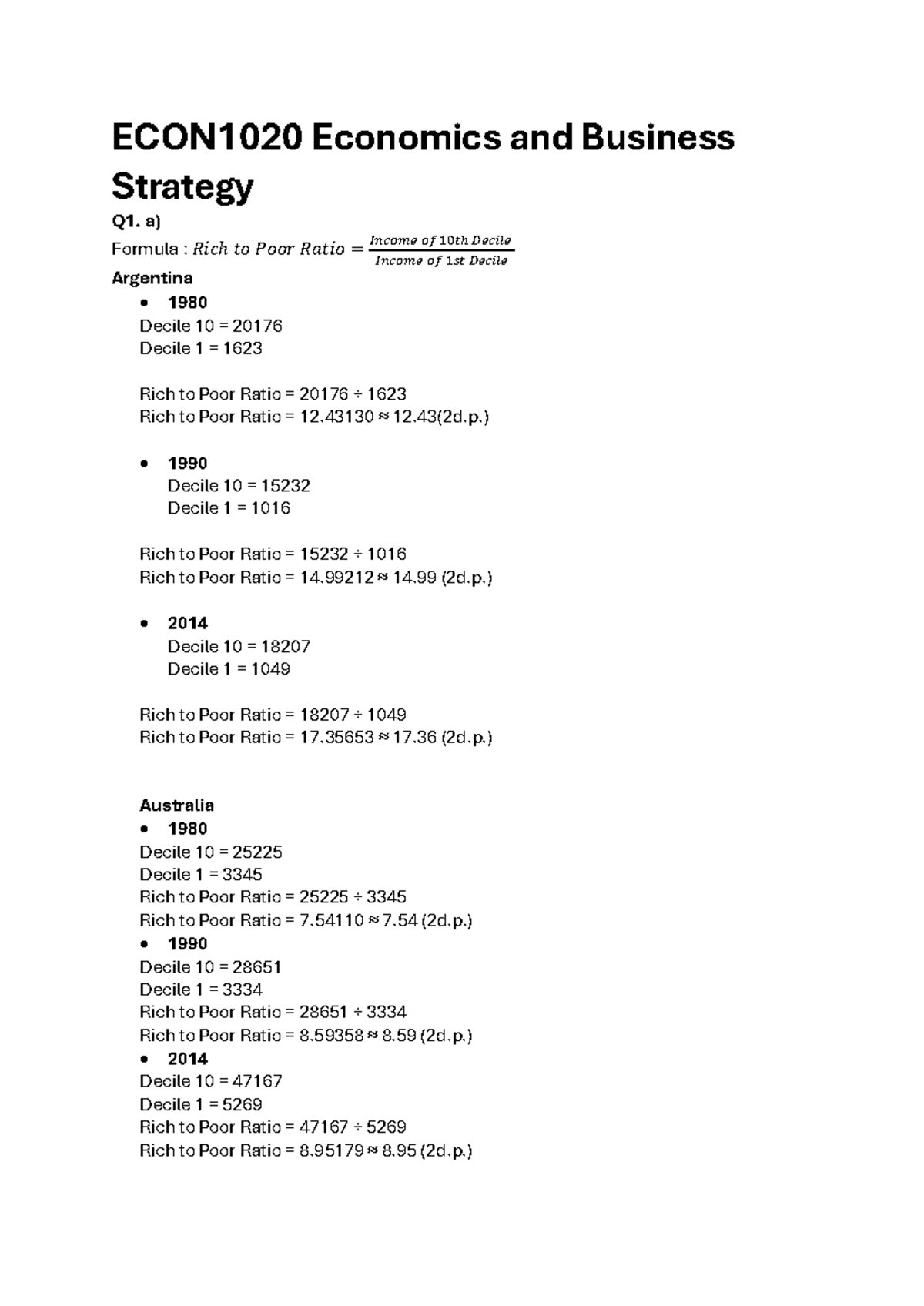 ECO1020 Income Inequality Analysis: Rich to Poor Ratios in 3 Nations ...