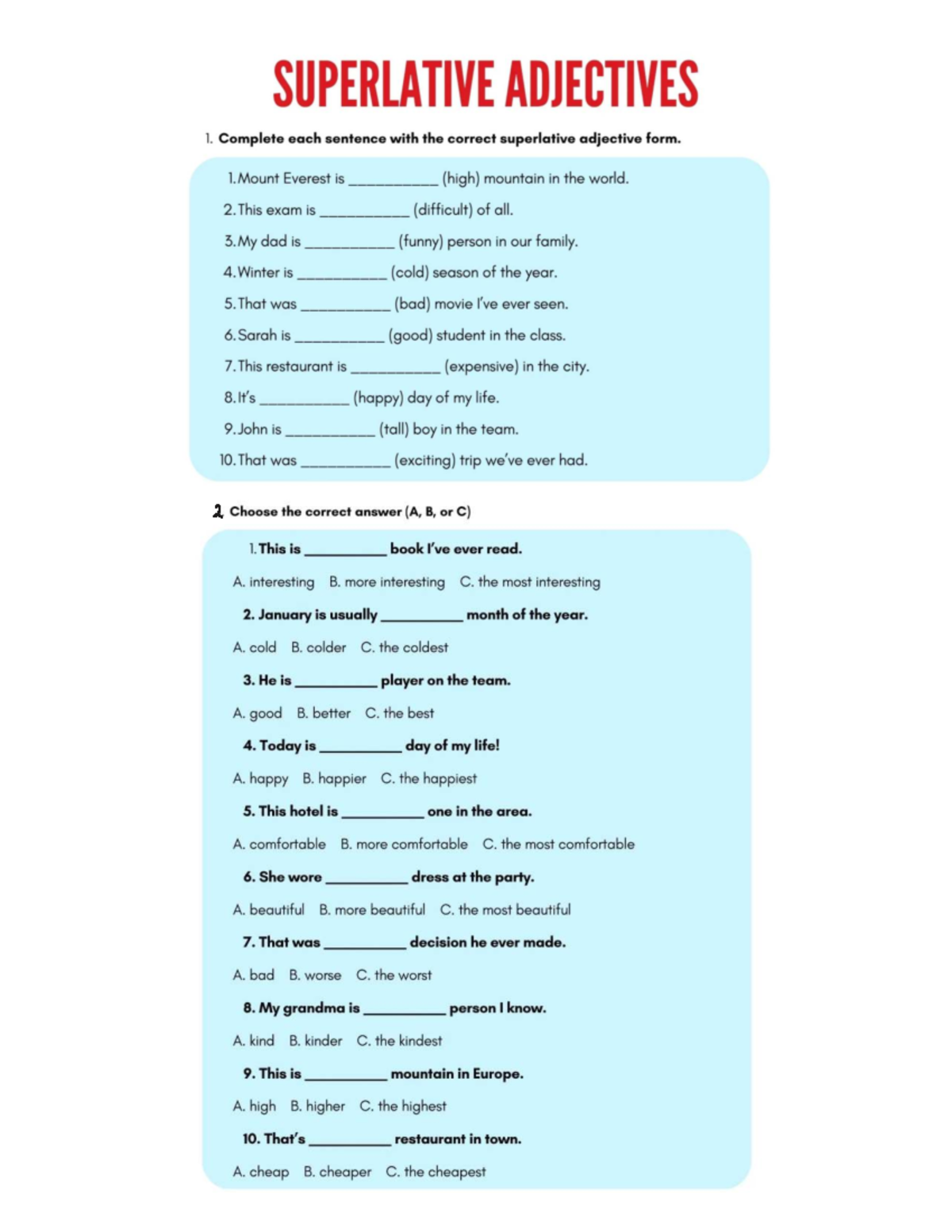SUPERLATIVE ADJECTIVES: Exercises and Answers for Practice - Studocu