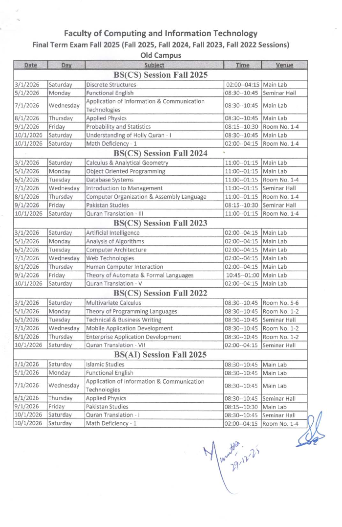 BS Final Term Exam Date Sheet Fall 2025 - Old Campus - Studocu