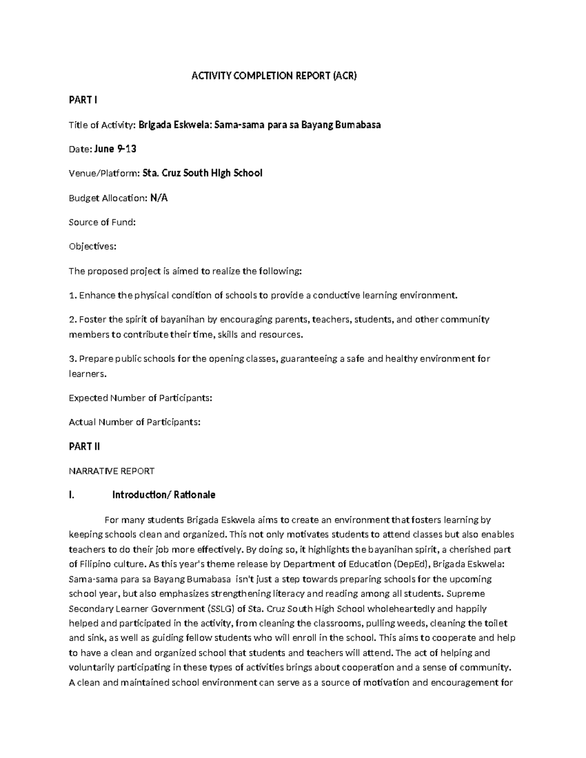 Brigada Eskwela 2025 Activity Completion Report (ACR) - Studocu