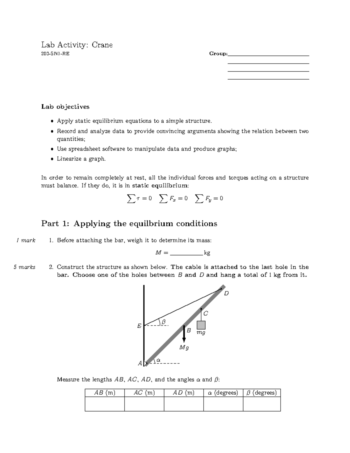 Crane Lab Activity: Static Equilibrium Analysis - SN1 - F25 - Studocu