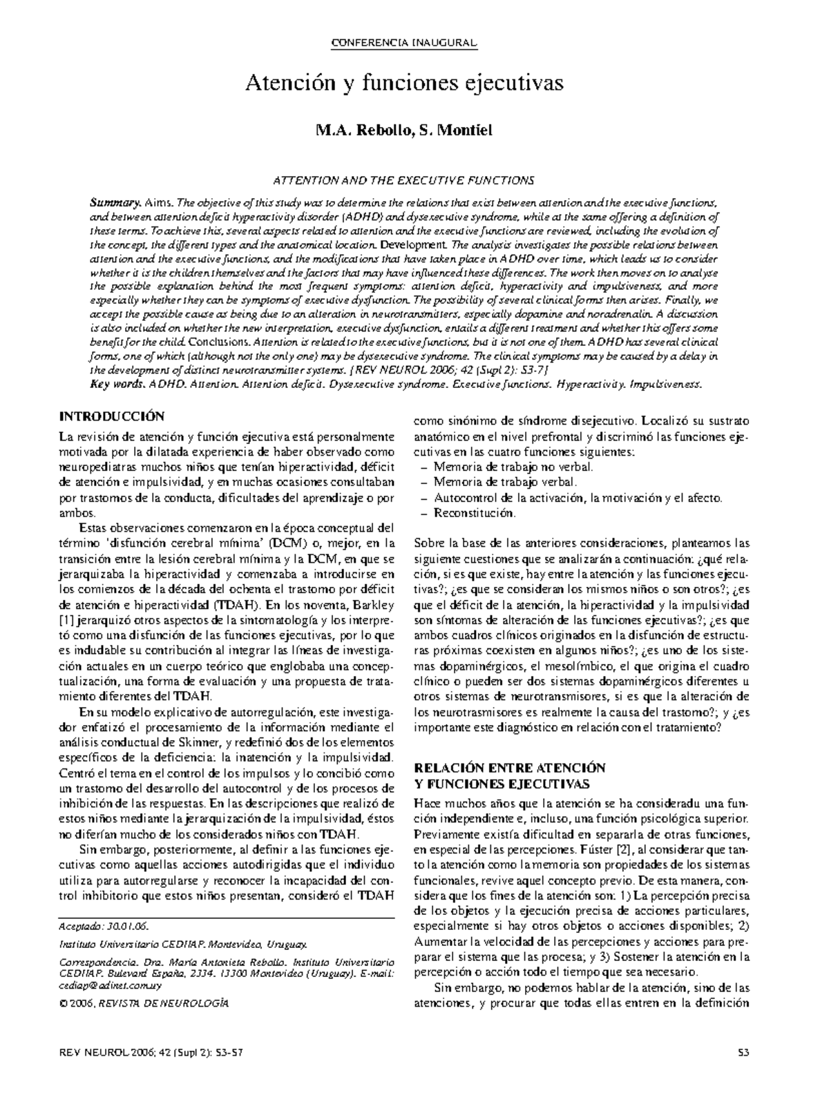 Atención y Funciones Ejecutivas en Niños con TDAH: Rev Neurol 2006 ...