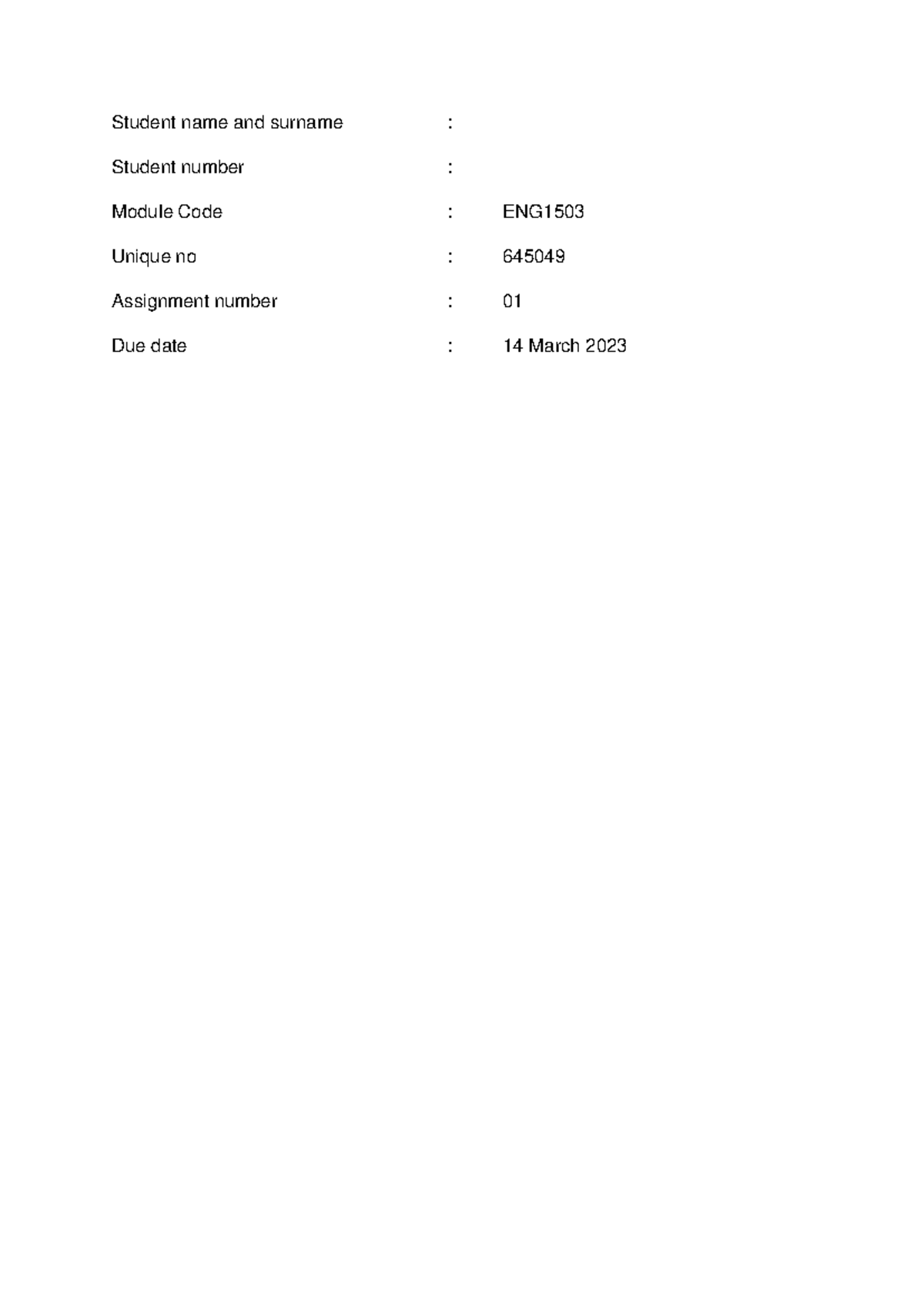 ENG1503 Assignment 01 Coverpage & Honesty Declaration - Studocu