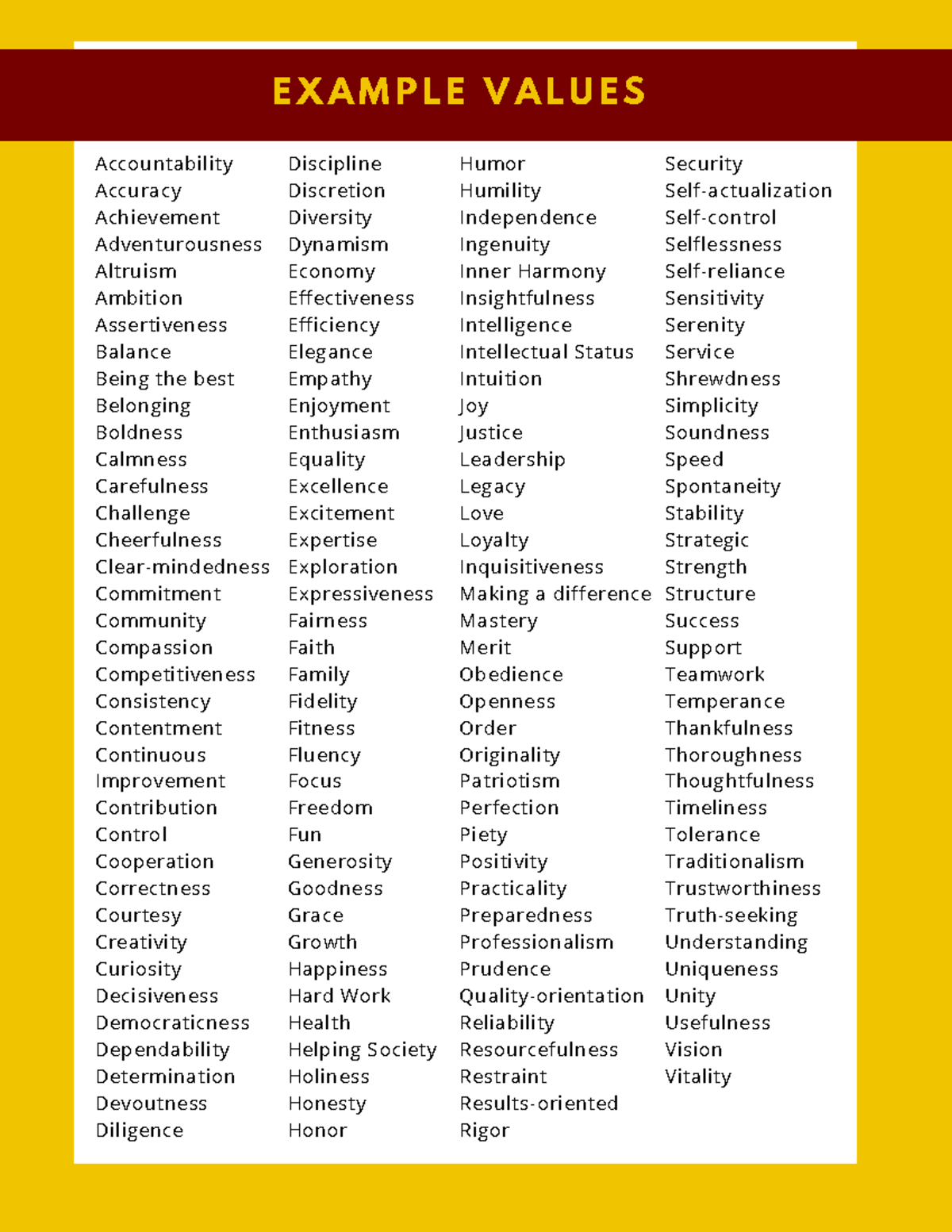 Value Examples: Key Traits for Personal Development - Studocu