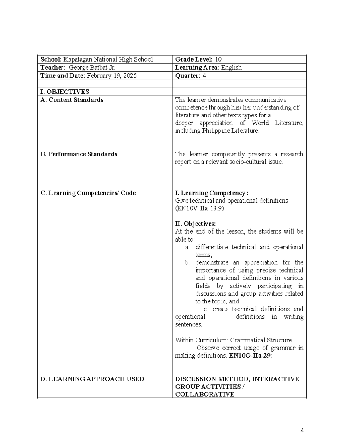Grade 10 English: Technical and Operational Definitions Lesson Plan ...