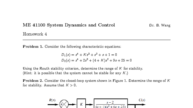 ME 41100 System Dynamics and Control - Homework 4 Stability Analysis ...