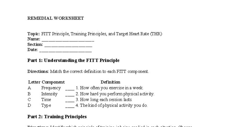 REMEDIAL WORKSHEET: FITT Principle & Target Heart Rate (THR) - Studocu
