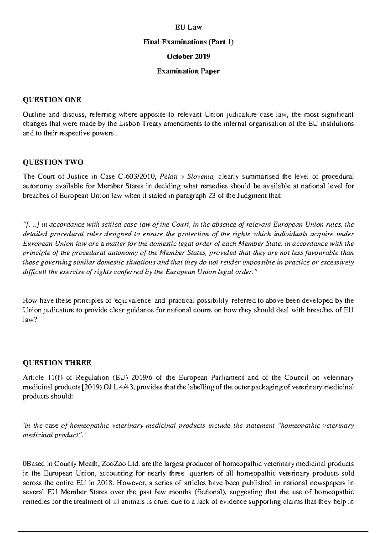October 2019 - EU Law Final Exam FE1: Key Questions and Analysis - Studocu