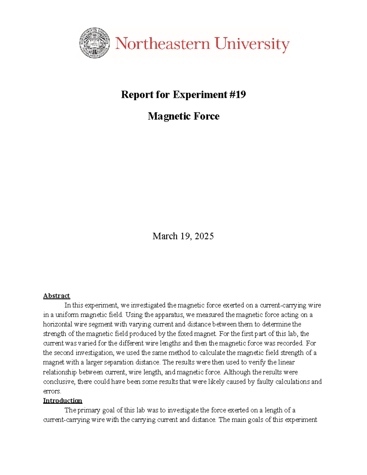 Experiment 19: Investigating magnetic force on a wire in a magnetic ...
