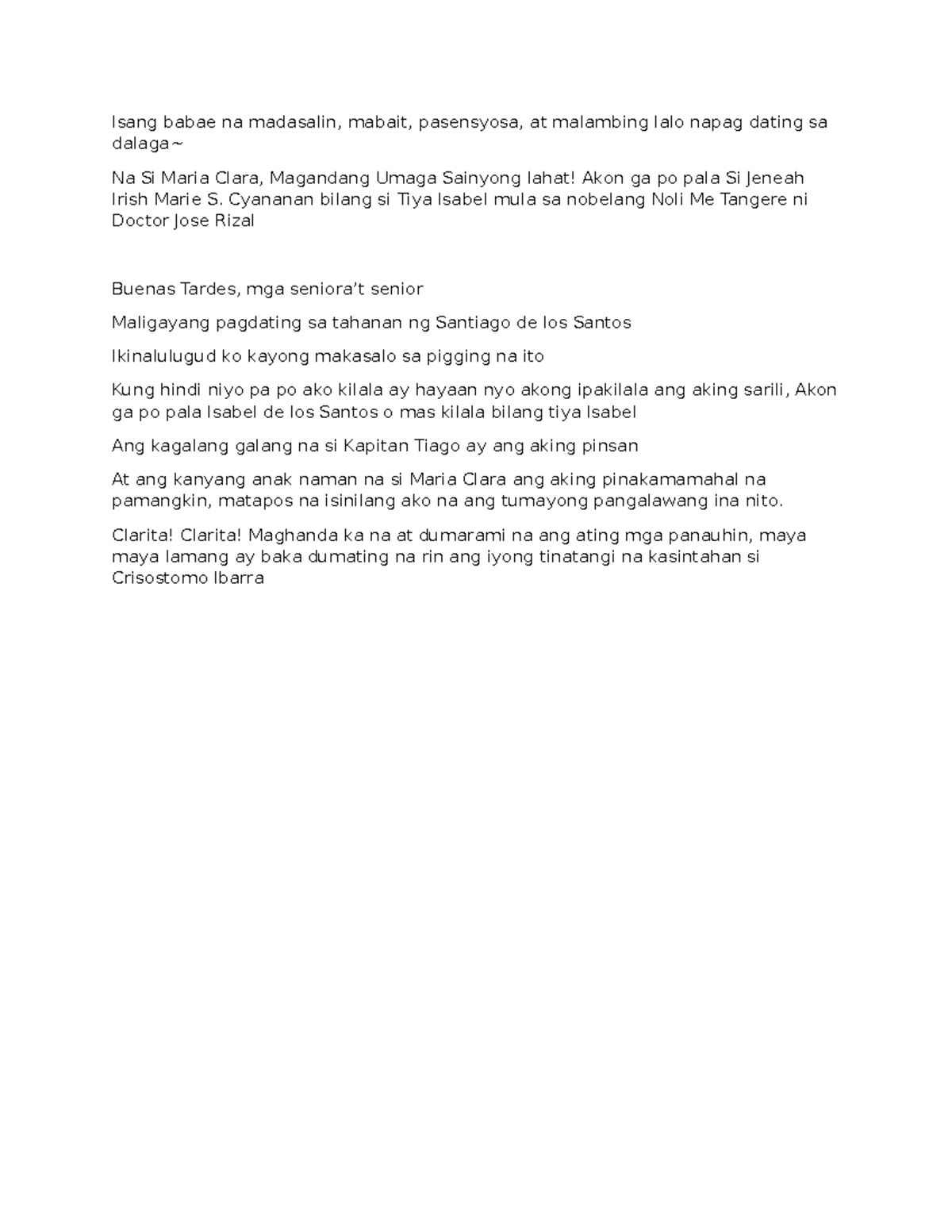 Tiya Isabel Dialogue - dialouge for filipino performance task - Isang ...