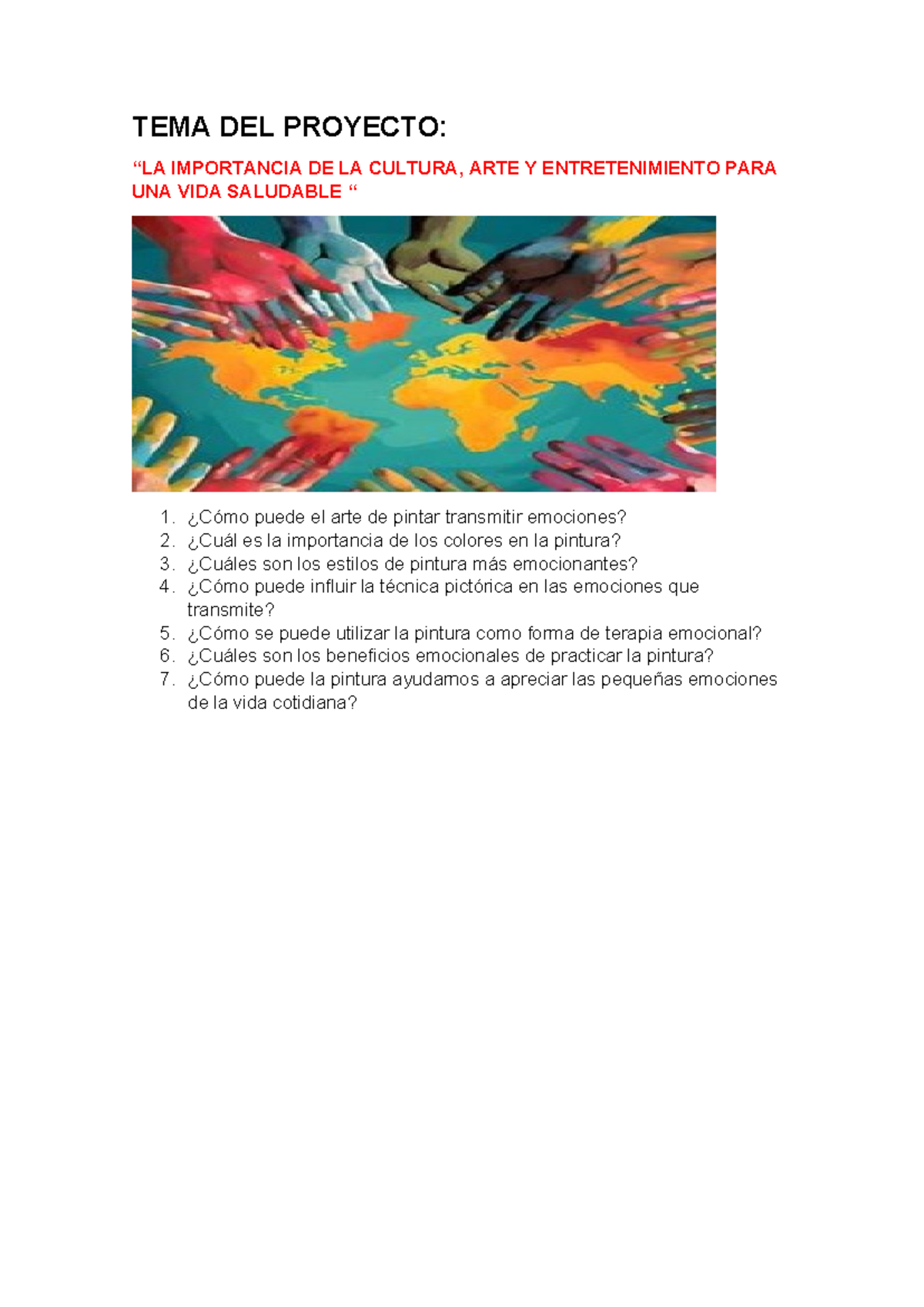 TEMA DEL Segundo Proyecto - TEMA DEL PROYECTO: “LA IMPORTANCIA DE LA CULTURA, ARTE Y ...