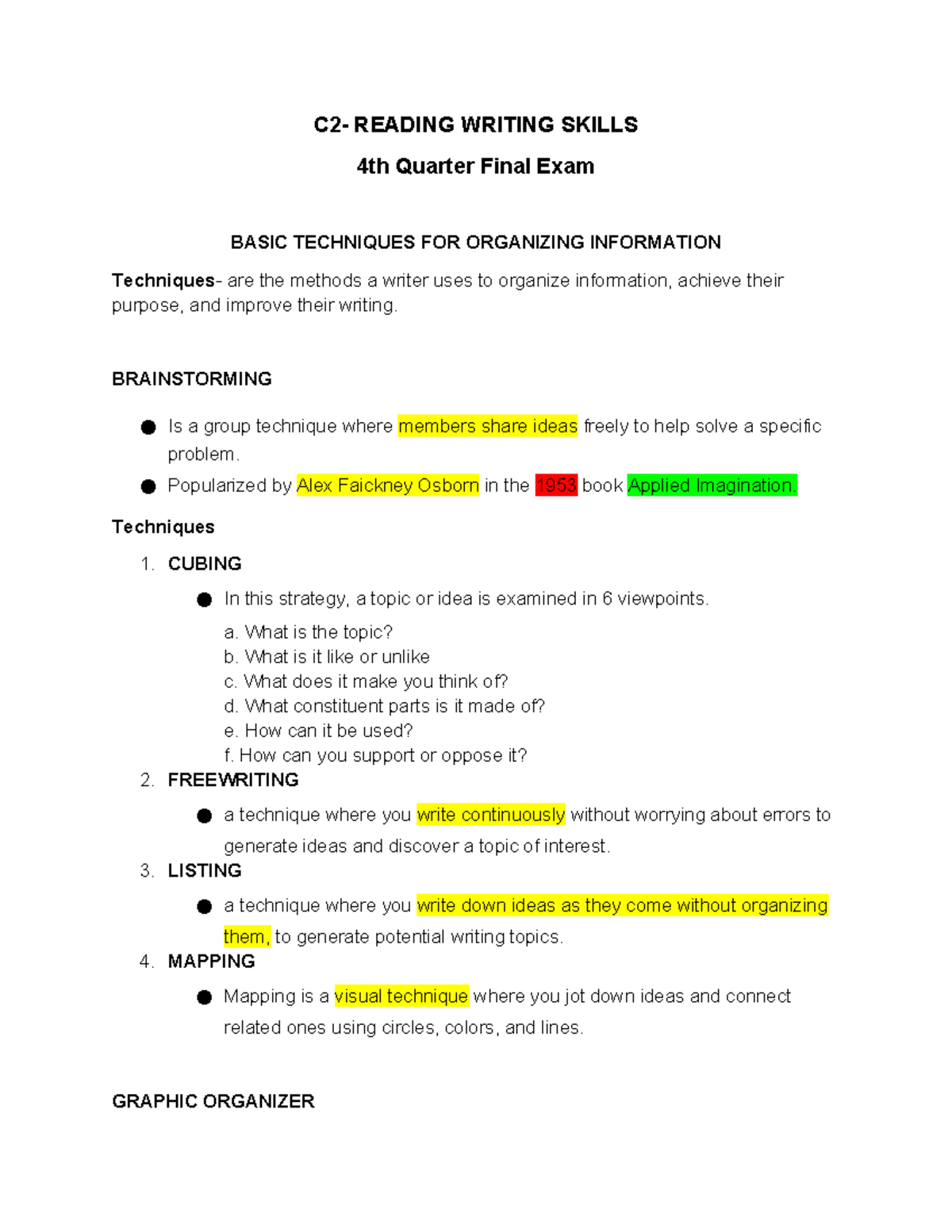 RWS 4th Quarter Final Exam: Techniques for Organizing Information - Studocu