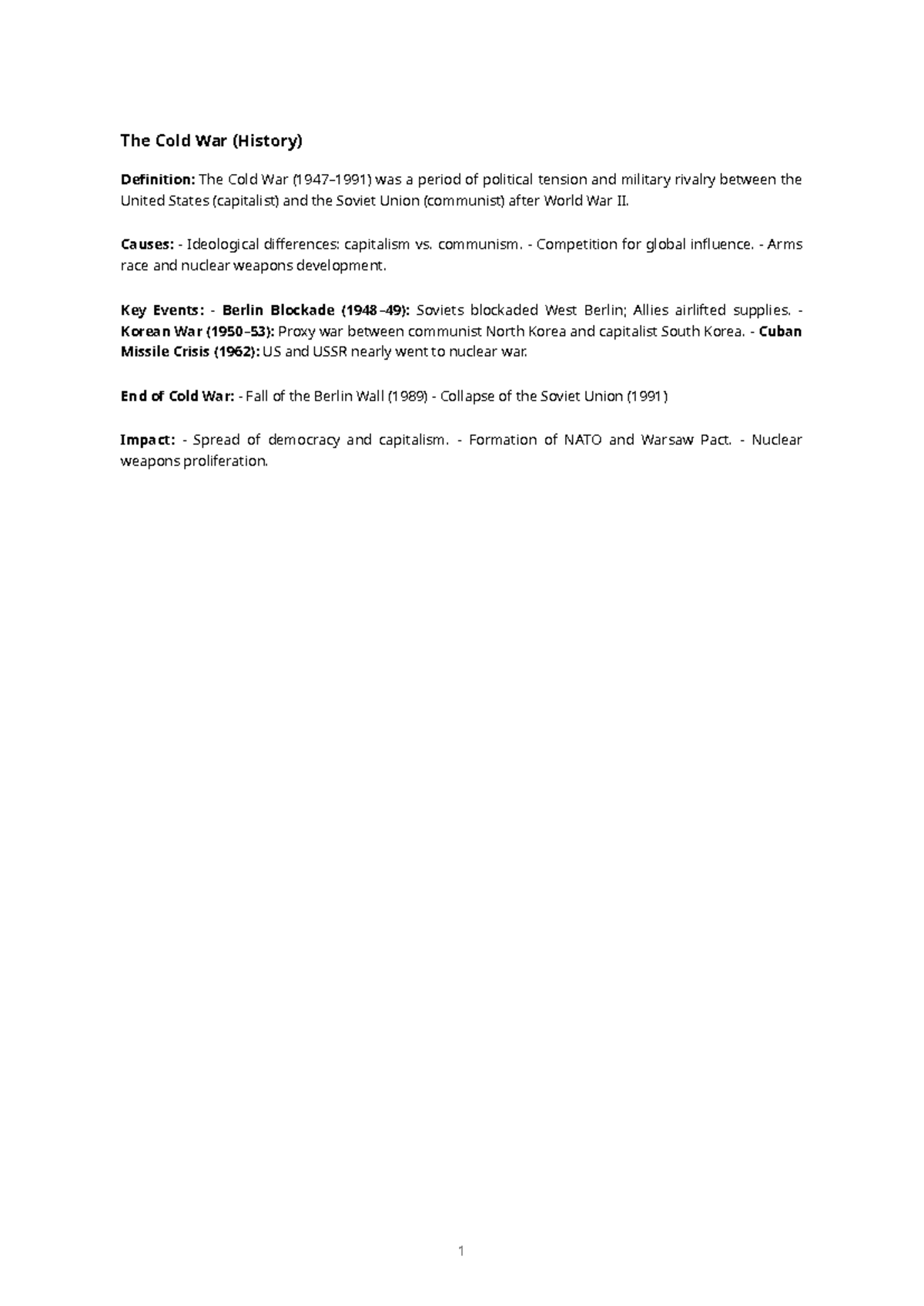 Cold War Notes - History Essay on Political Tensions and Rivalry - Studocu