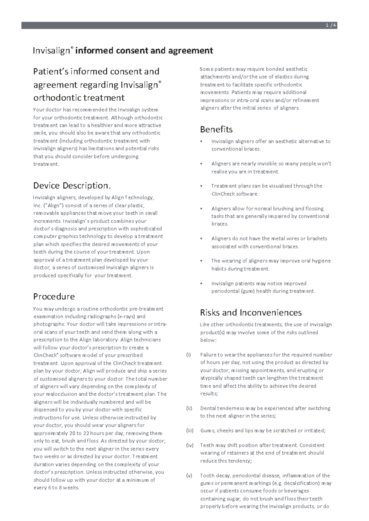 Patient Informed Consent & Agreement for Invisalign Treatment (F16114 ...