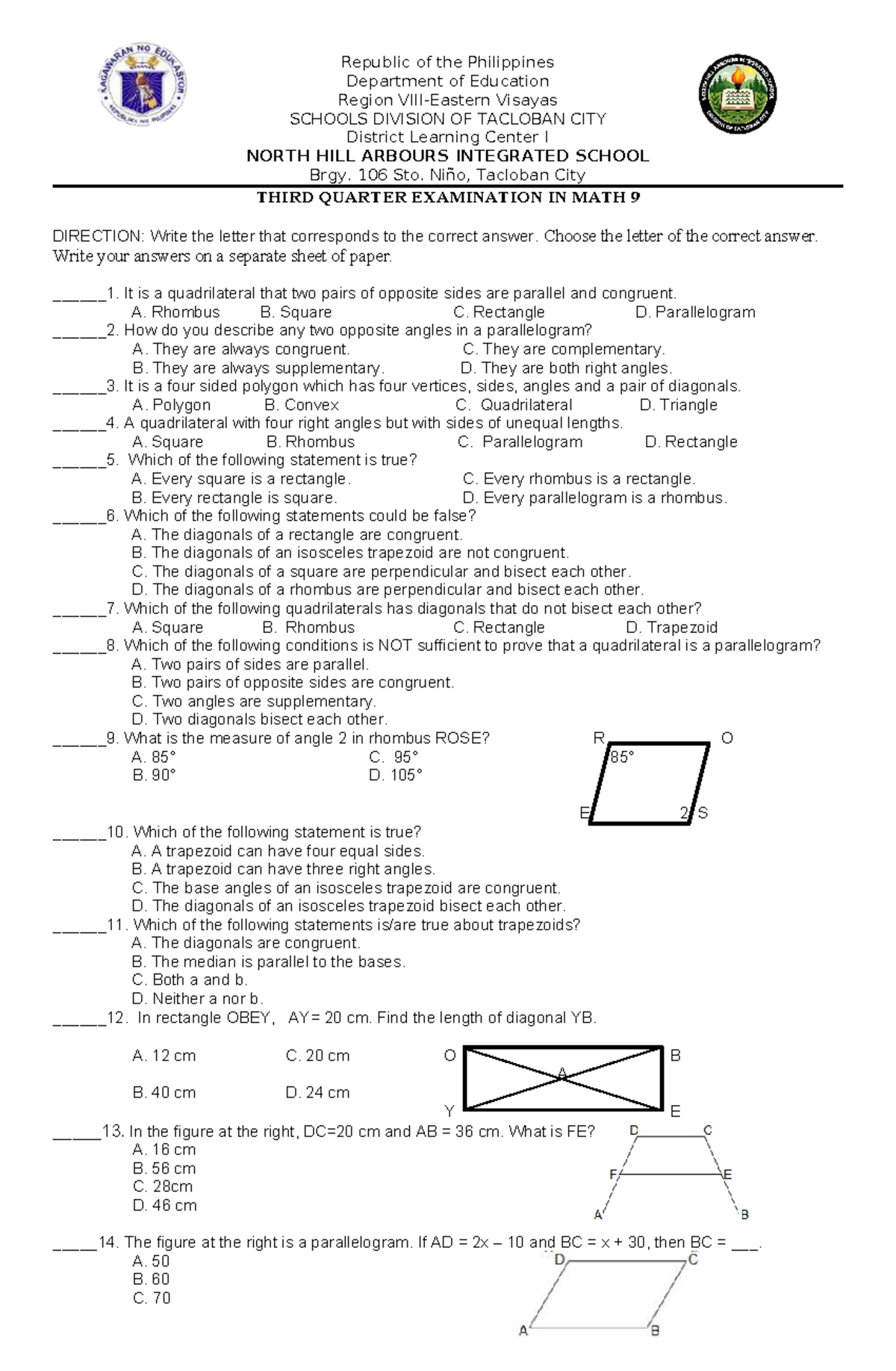 Third Quarter Exam in Math 9 - Philippines - Studocu