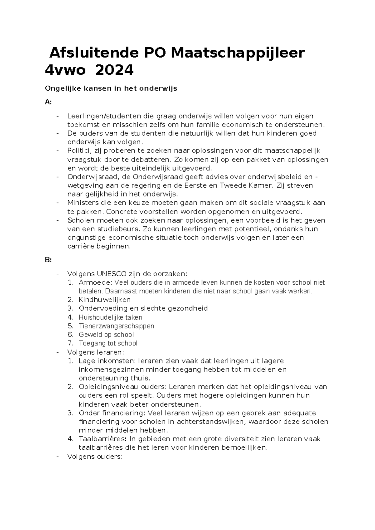 Afsluitende PO Maatschappijleer 4vwo: Ongelijkheid in Onderwijs 2024 ...