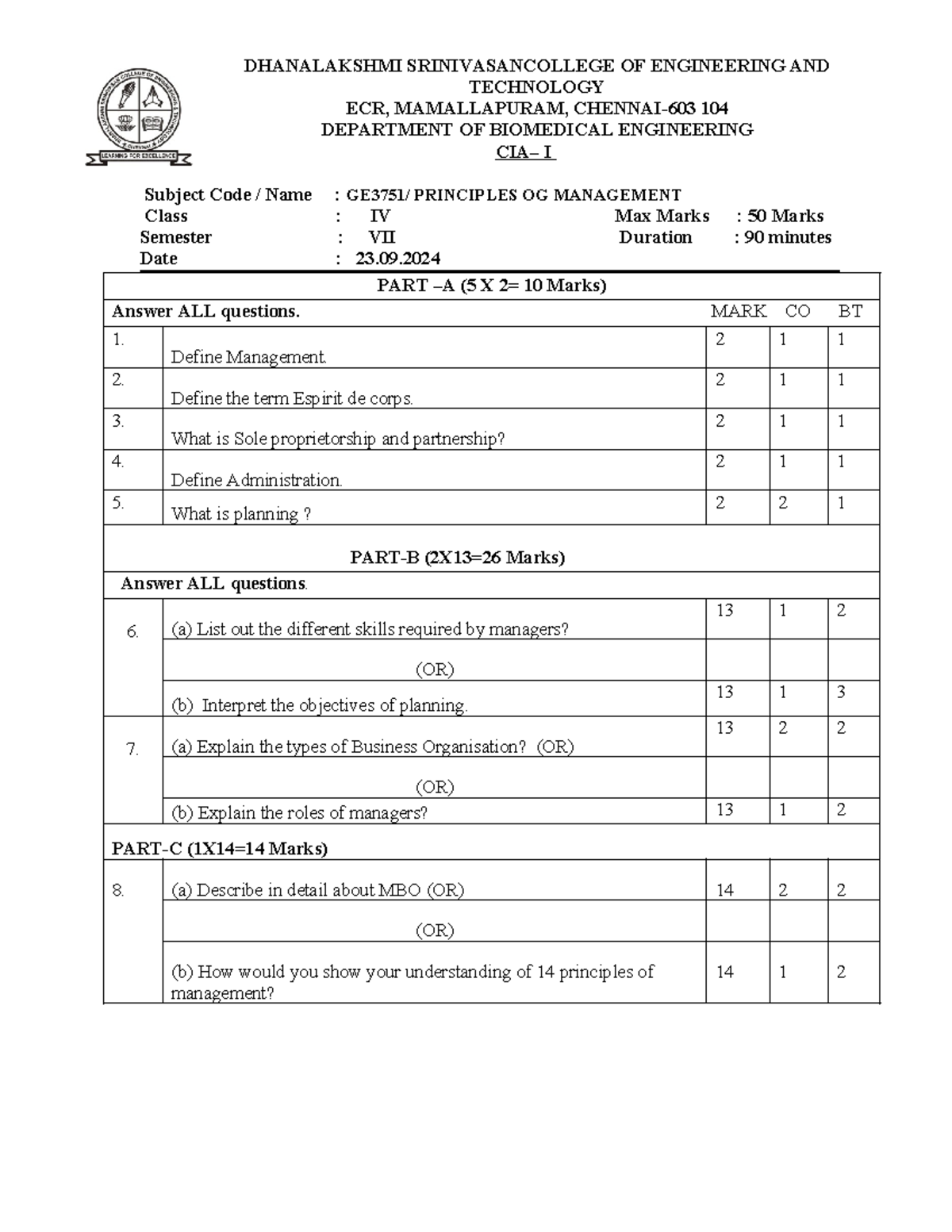 CIA I POM - Principles of Management Question Paper - Studocu