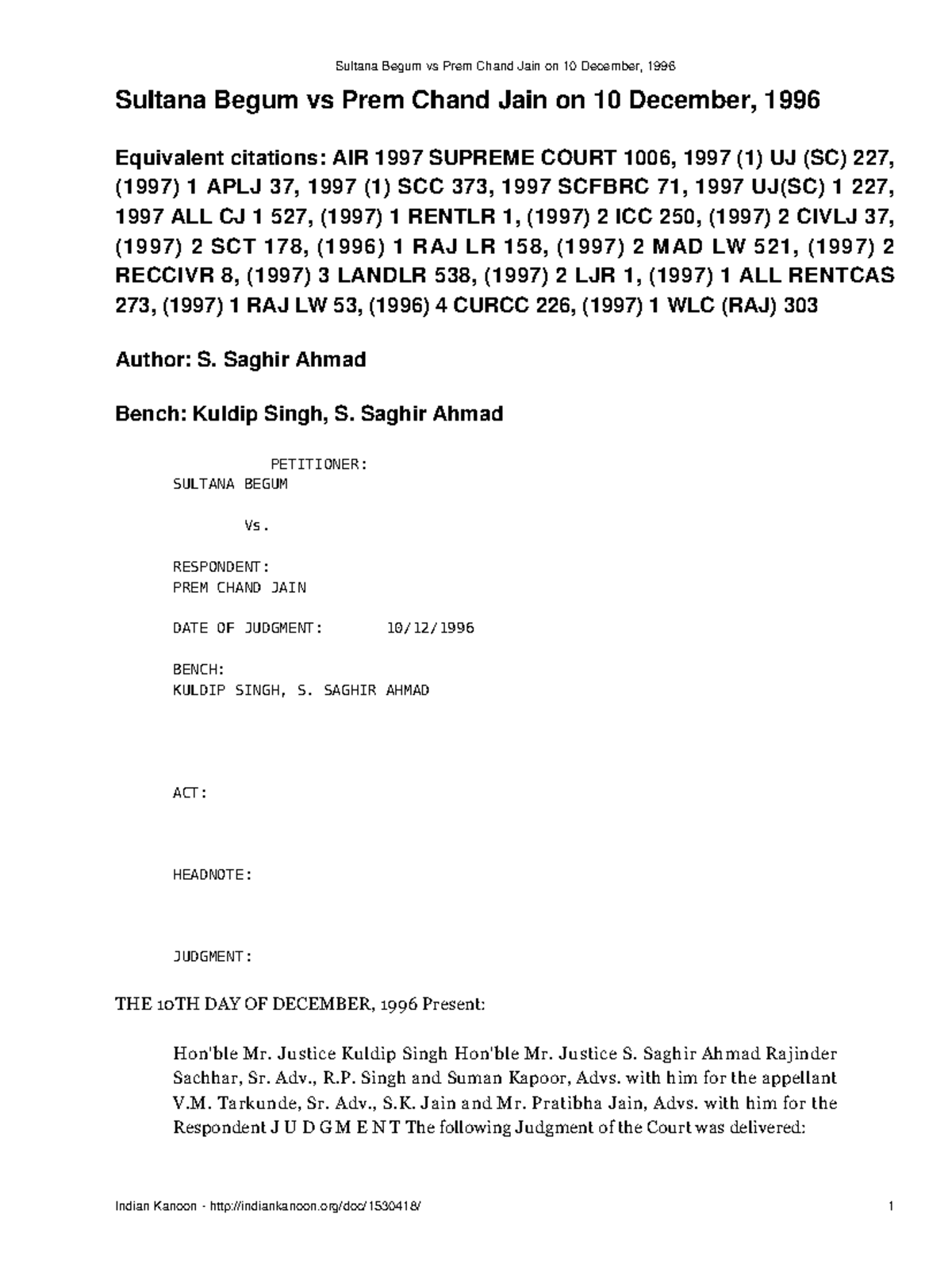 Sultana Begum vs Prem Chand Jain: Supreme Court Judgment Analysis (1996 ...
