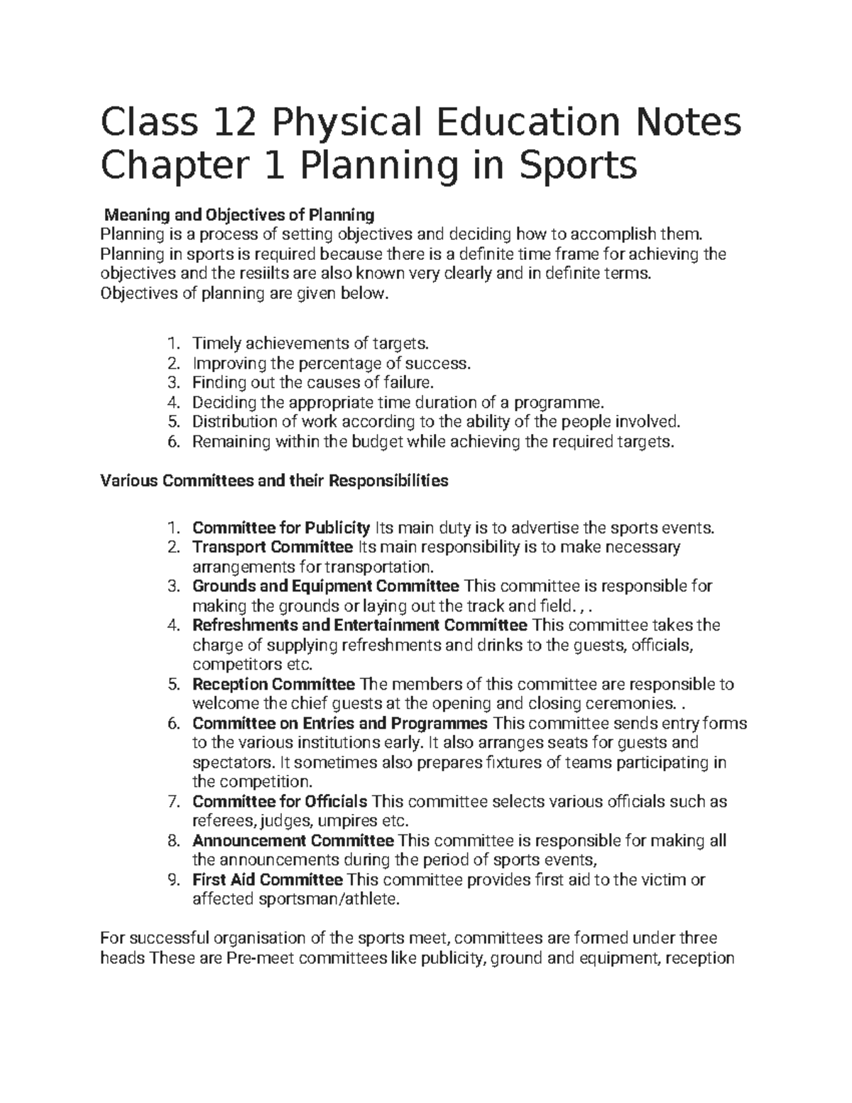 Class 12 Physical Education Notes Chapter 1 Planning in Sports ...