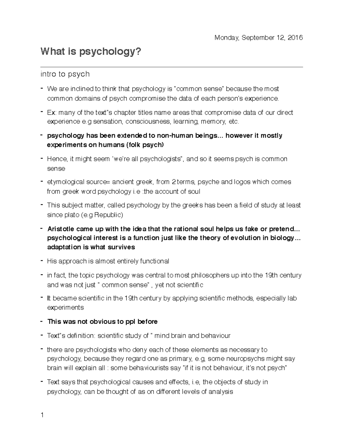 Lecture 1 - notes - Monday, September 12, 2016 What is psychology ...
