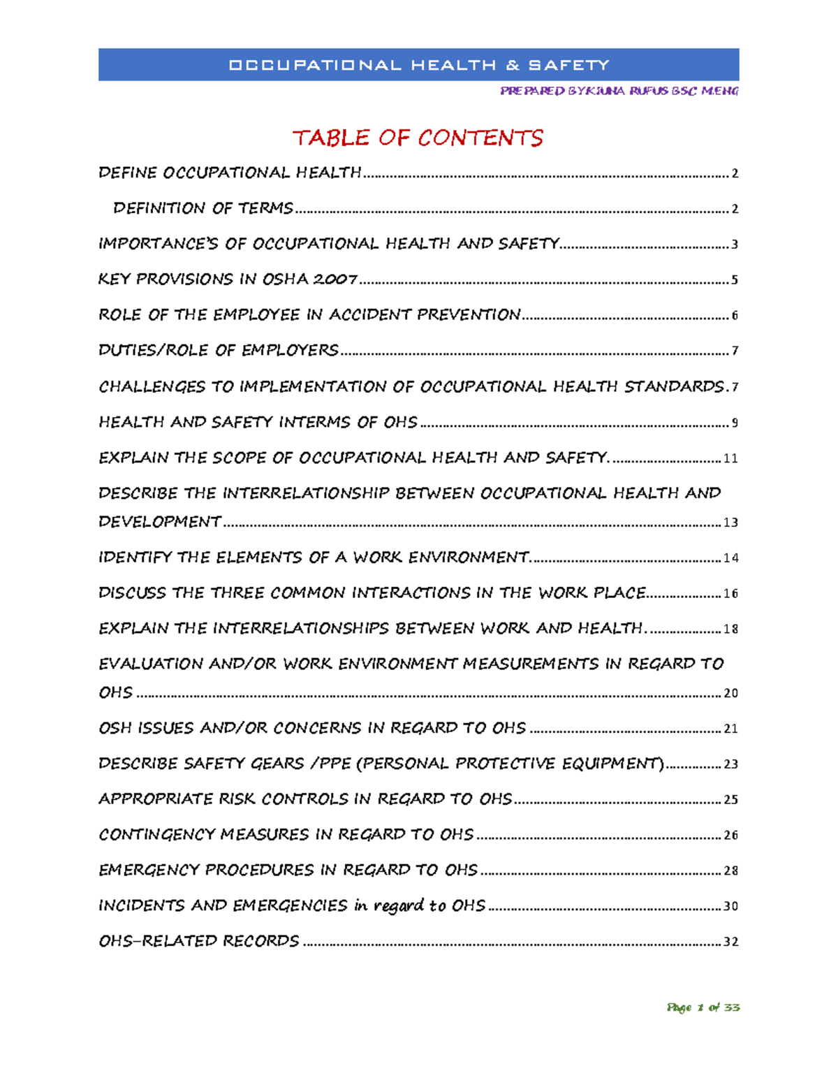 Occupational Health AND Safety Notes Lesson Notes - PREPARED BY KIUNA ...