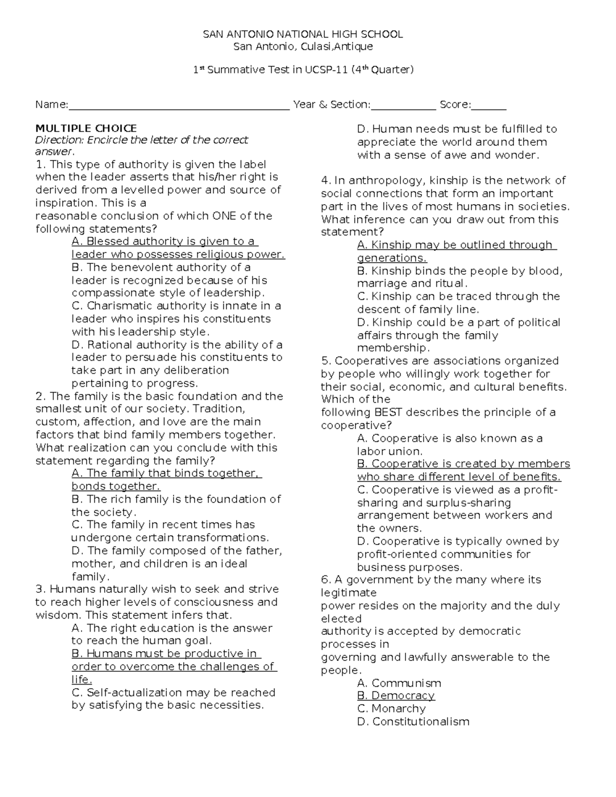 Summative Test in UCSP - 1. This type of authority is given the label ...