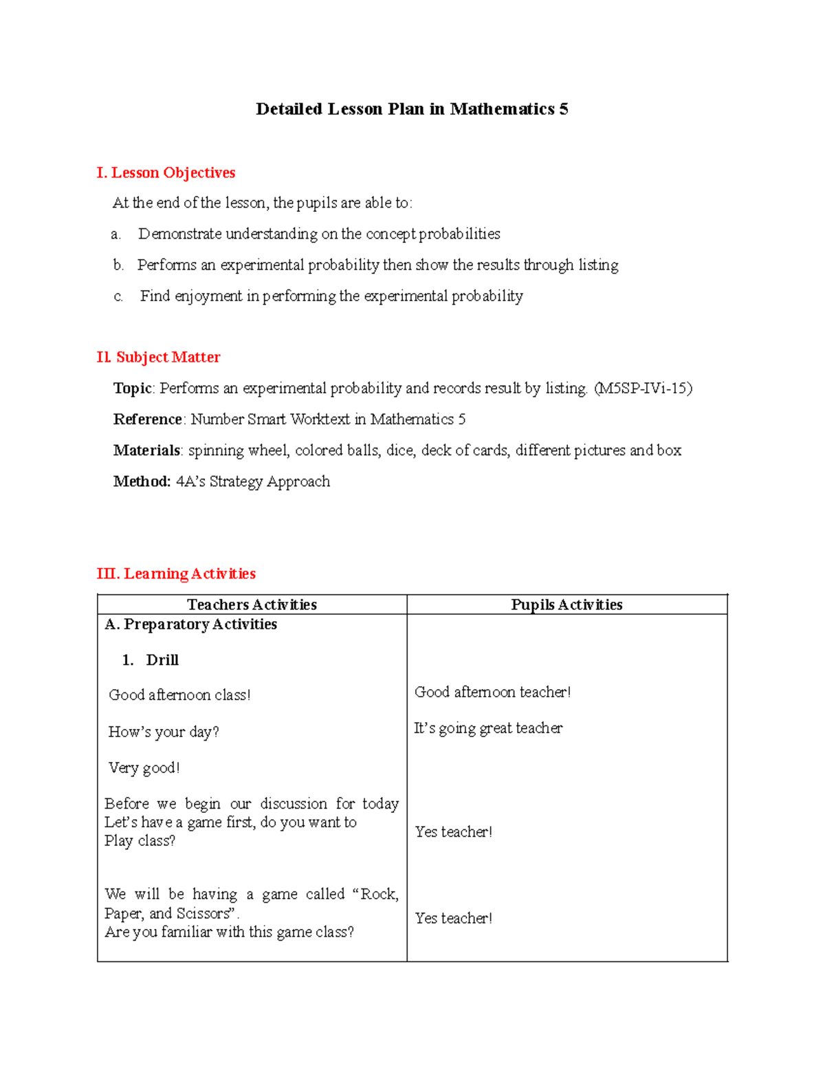 Detailed Lesson Plan: Experimental Probability in Math 5 - Studocu