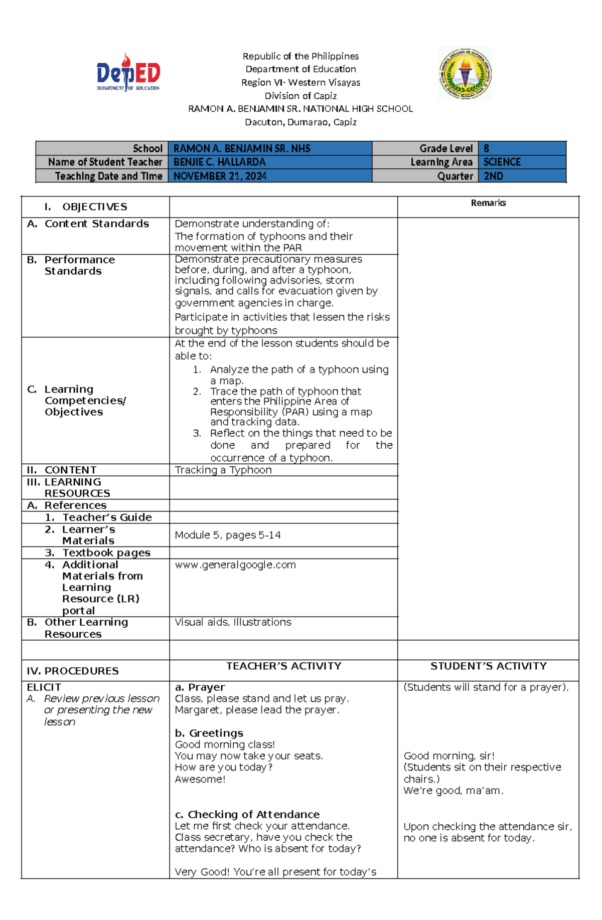 COT1 - Lesson Plan in Science - Republic of the Philippines Department ...