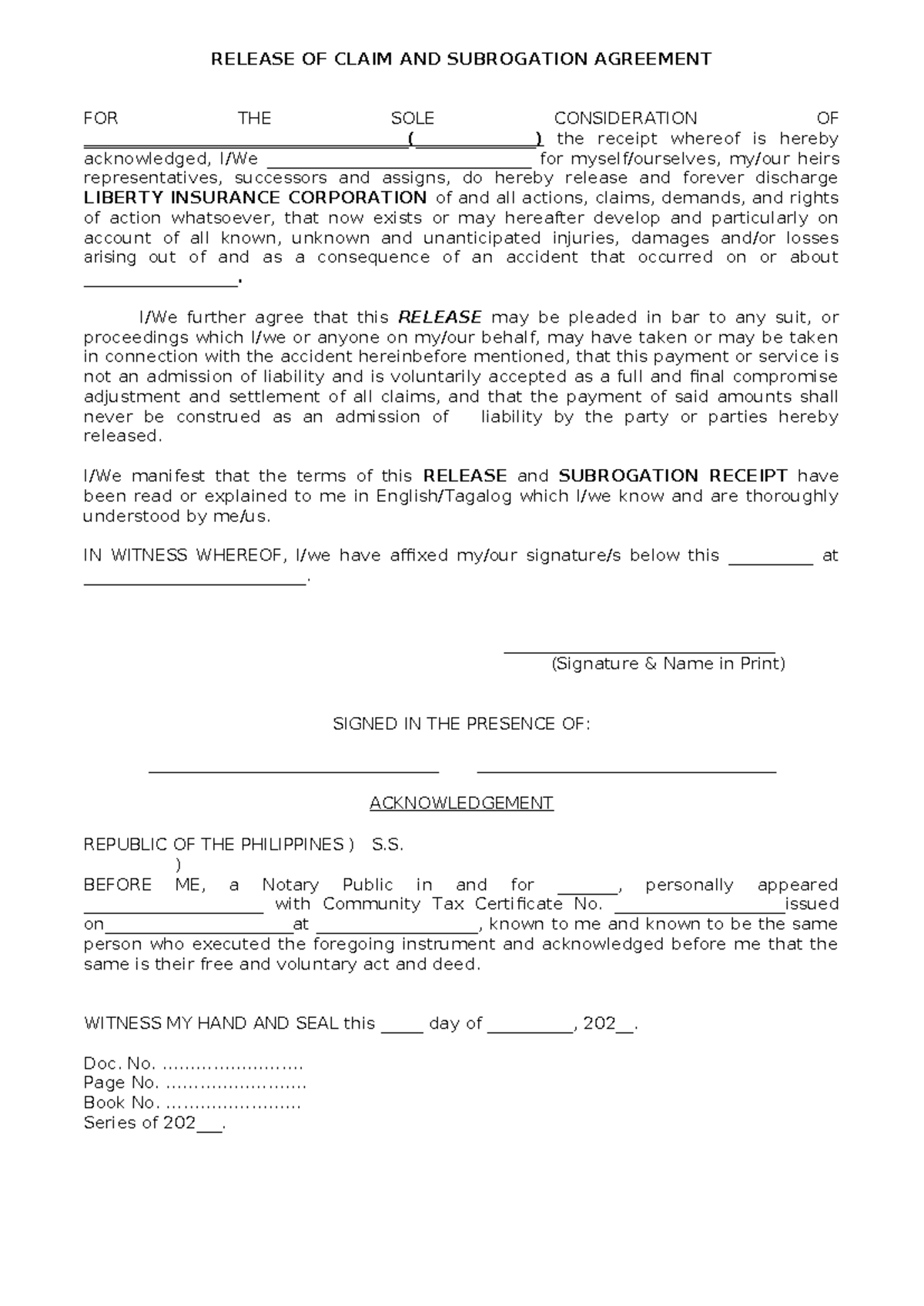 Release of Claim and Subrogation Agreement Template - Studocu